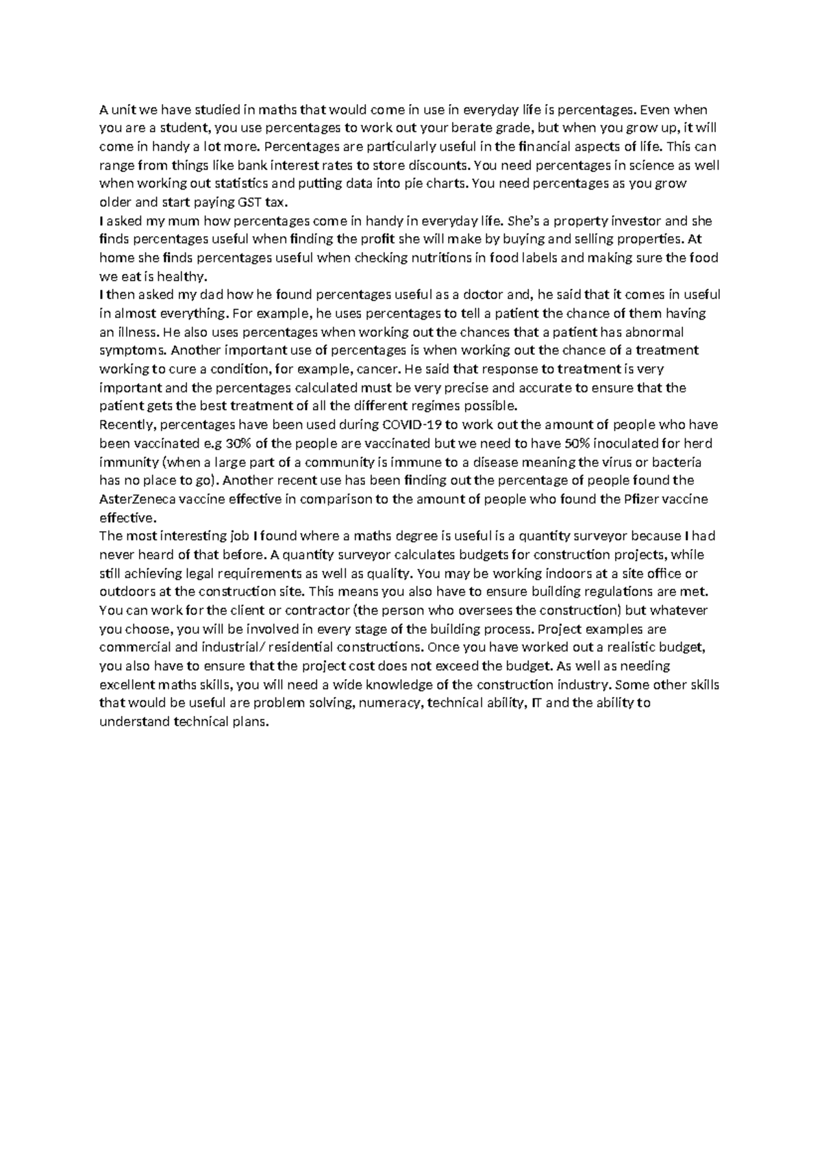 Document with maths essay - A unit we have studied in maths that would ...