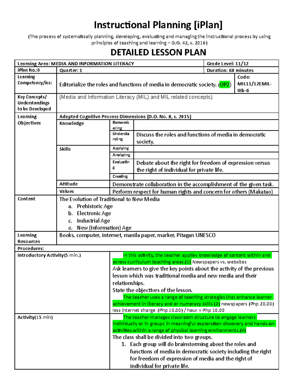 MILQ1 LC6 - MIL - Instructional Planning [iPlan] (The process of ...