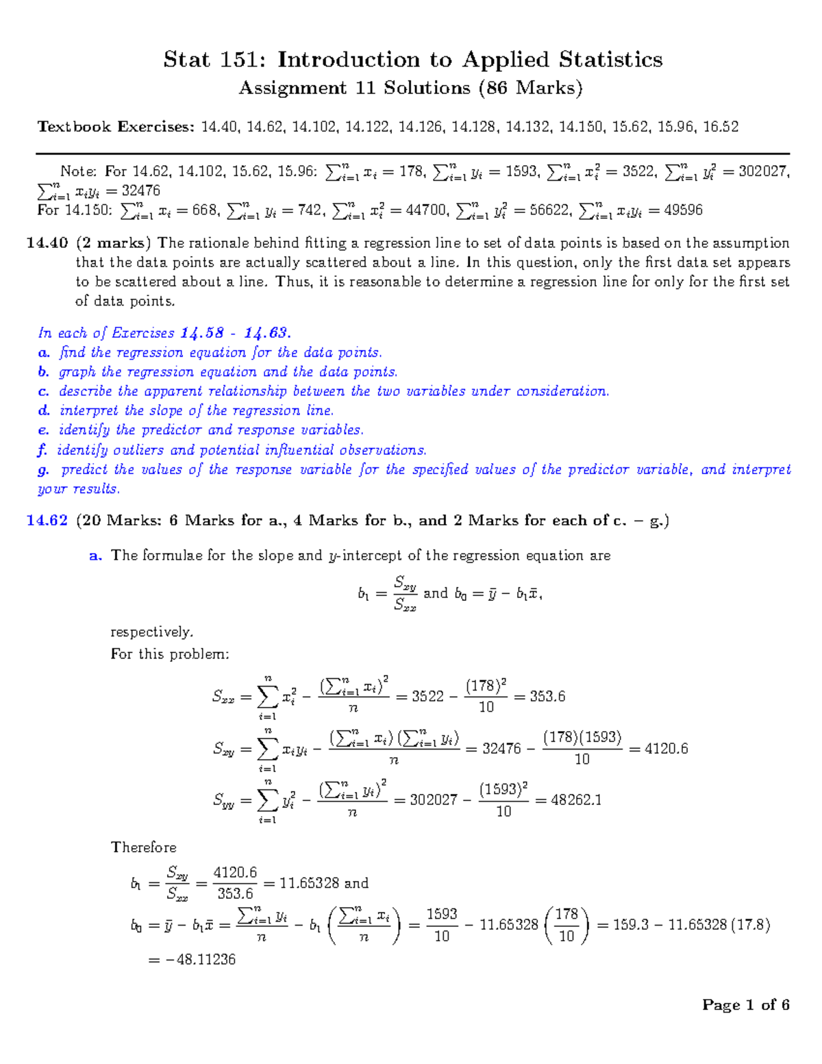 STAT151 A11 solution - Assignment soultions - Stat 151: Introduction to Applied Statistics - Studocu