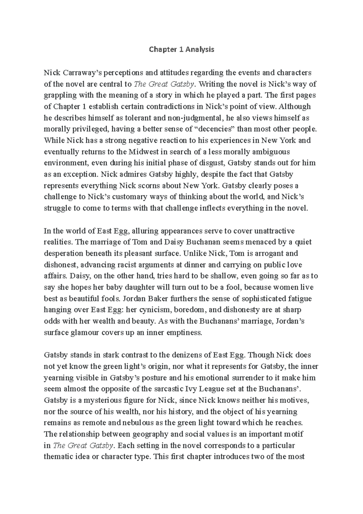 The great gatsby analysis - Chapter 1 Analysis Nick Carraway’s ...