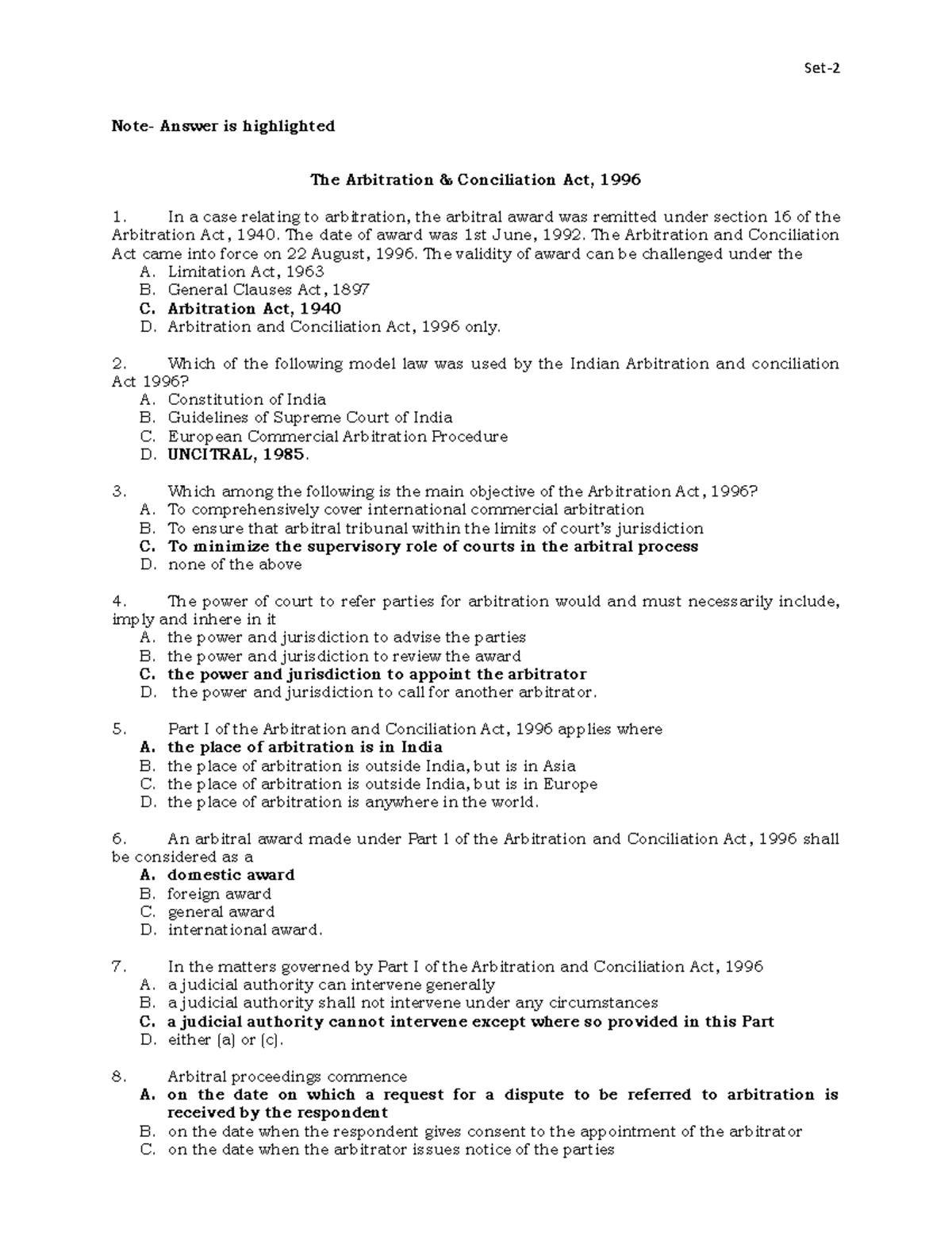 1626091801063-set 2 - MCQ - Note- Answer is highlighted The Arbitration ...