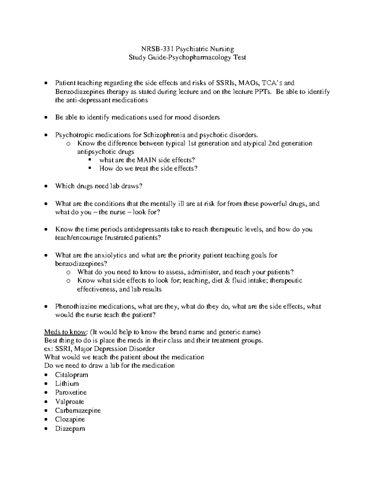 Psychopharmacology Test - Study Guide-4 - NRSB-331 Psychiatric Nursing ...