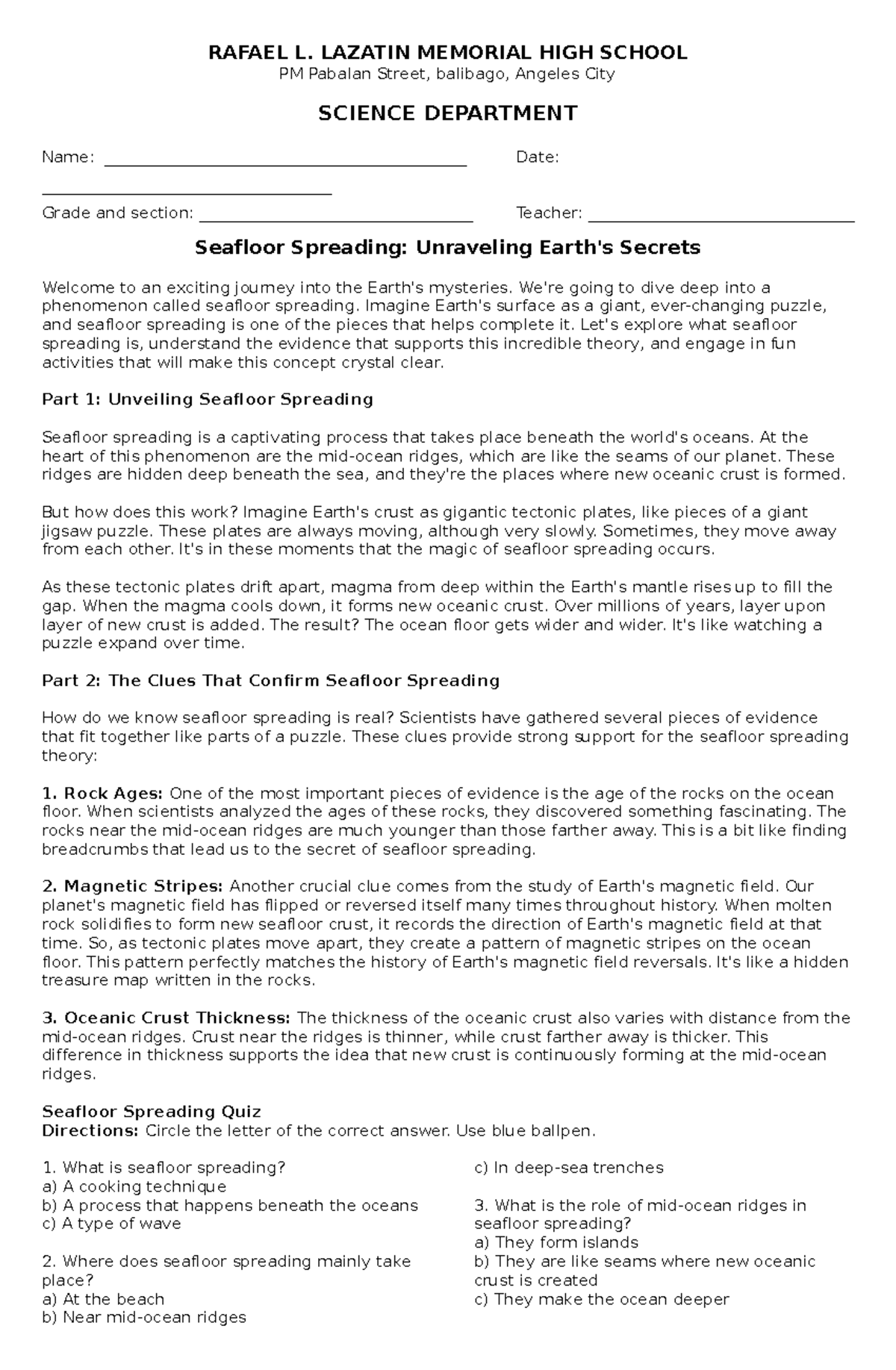 Sea Floor Spreading - Reading materials for grade 10 students - RAFAEL ...