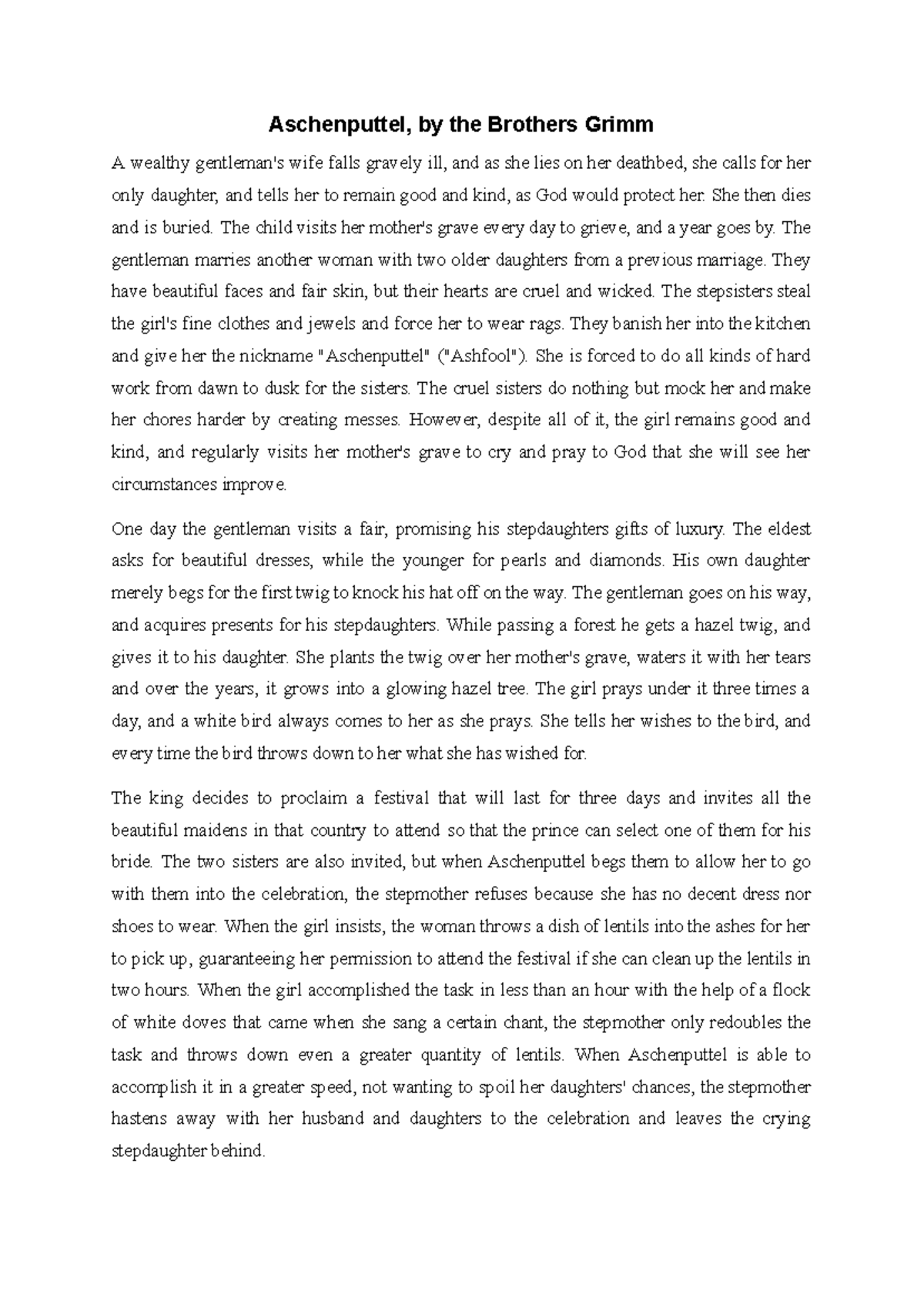 Aschenputtel, by the Brothers Grimm - Reading - Aschenputtel, by the ...