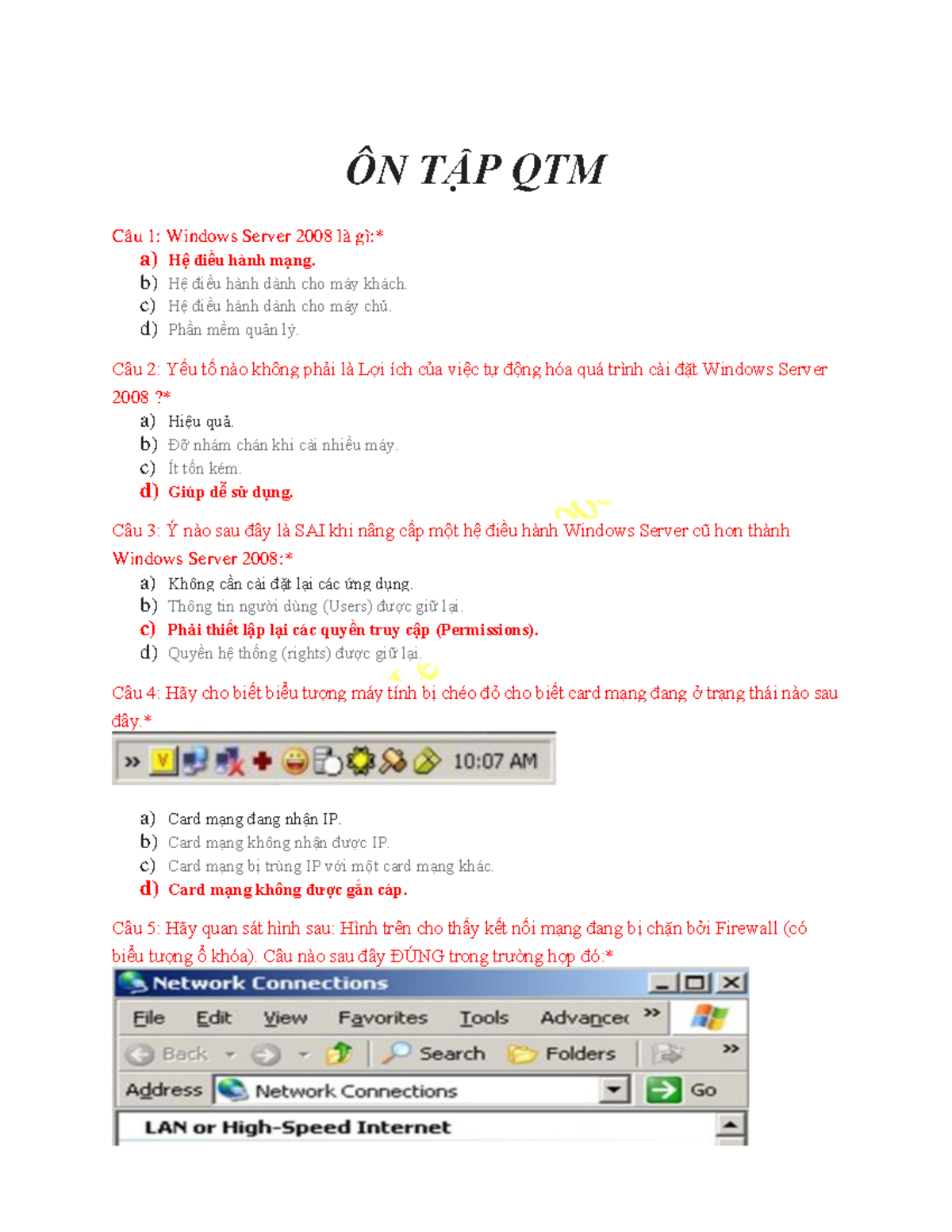 ON-Trac Nghiem QTM- Hufitham Khao P 2 - ÔN TẬP QTM Câu 1: Windows Server 2008 là gì:* a) Hệ điều ...