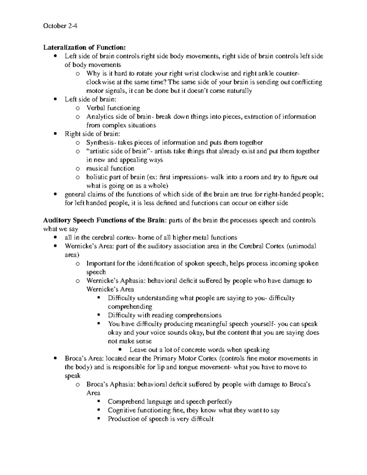 Lecture 3 Test 2 - October 2- Lateralization of Function: Left side of ...