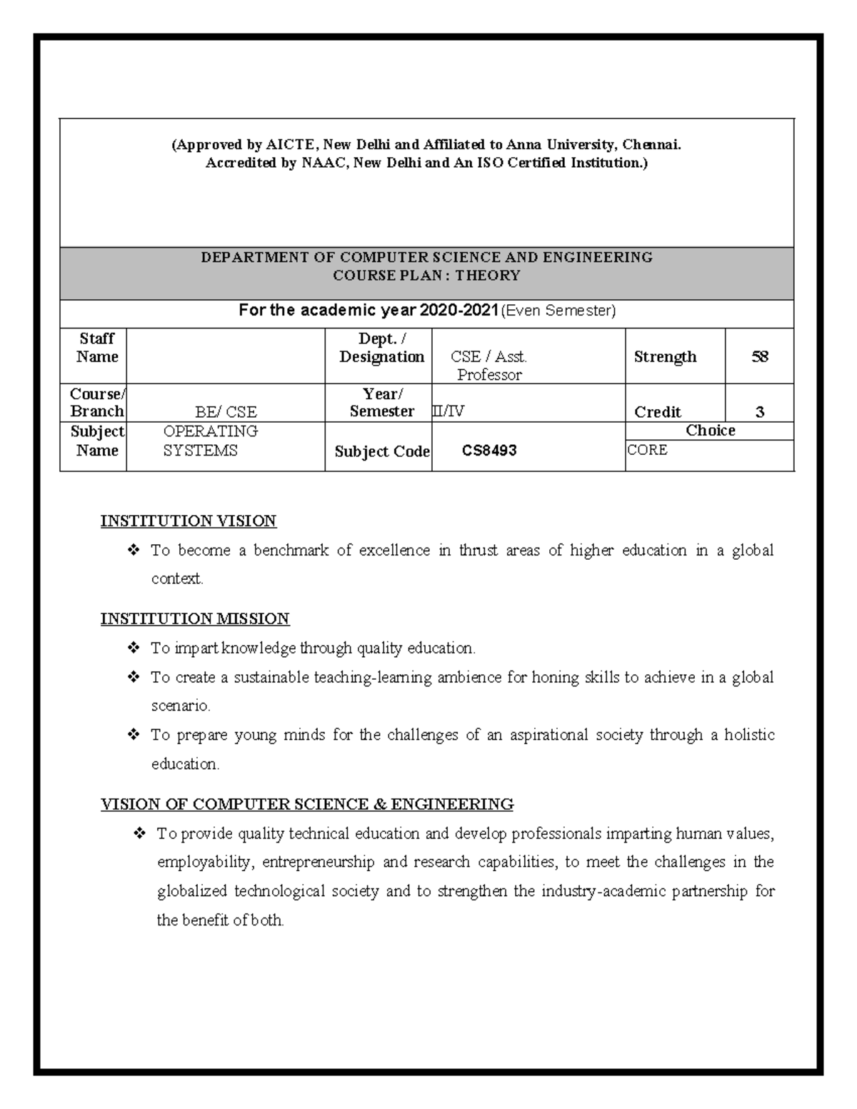 OS Lesson PLAN - (Approved by AICTE, New Delhi and Affiliated to Anna ...