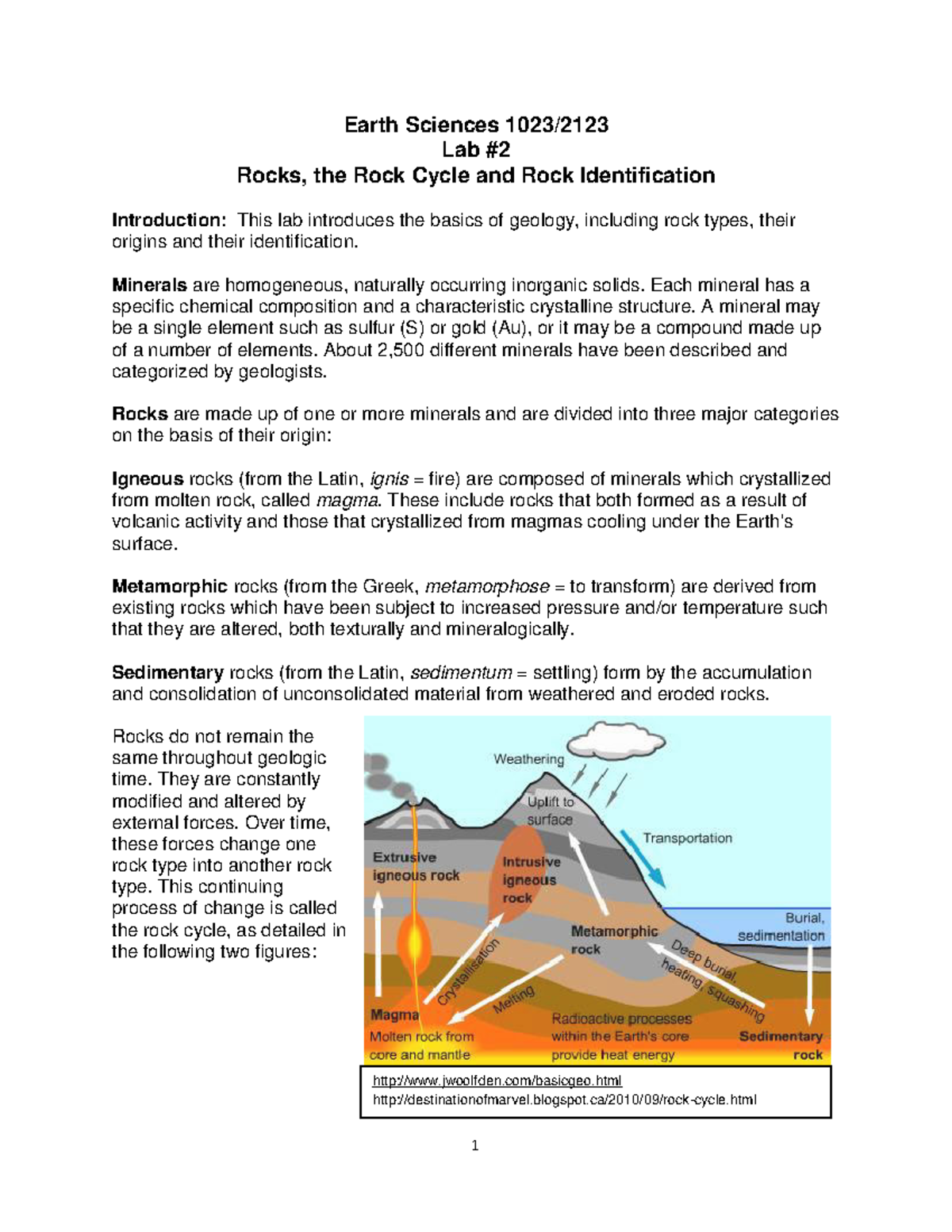 ES 1023 2123 Lab 2 - Rock Cycle - Earth Sciences 1023/ Lab Rocks, the ...
