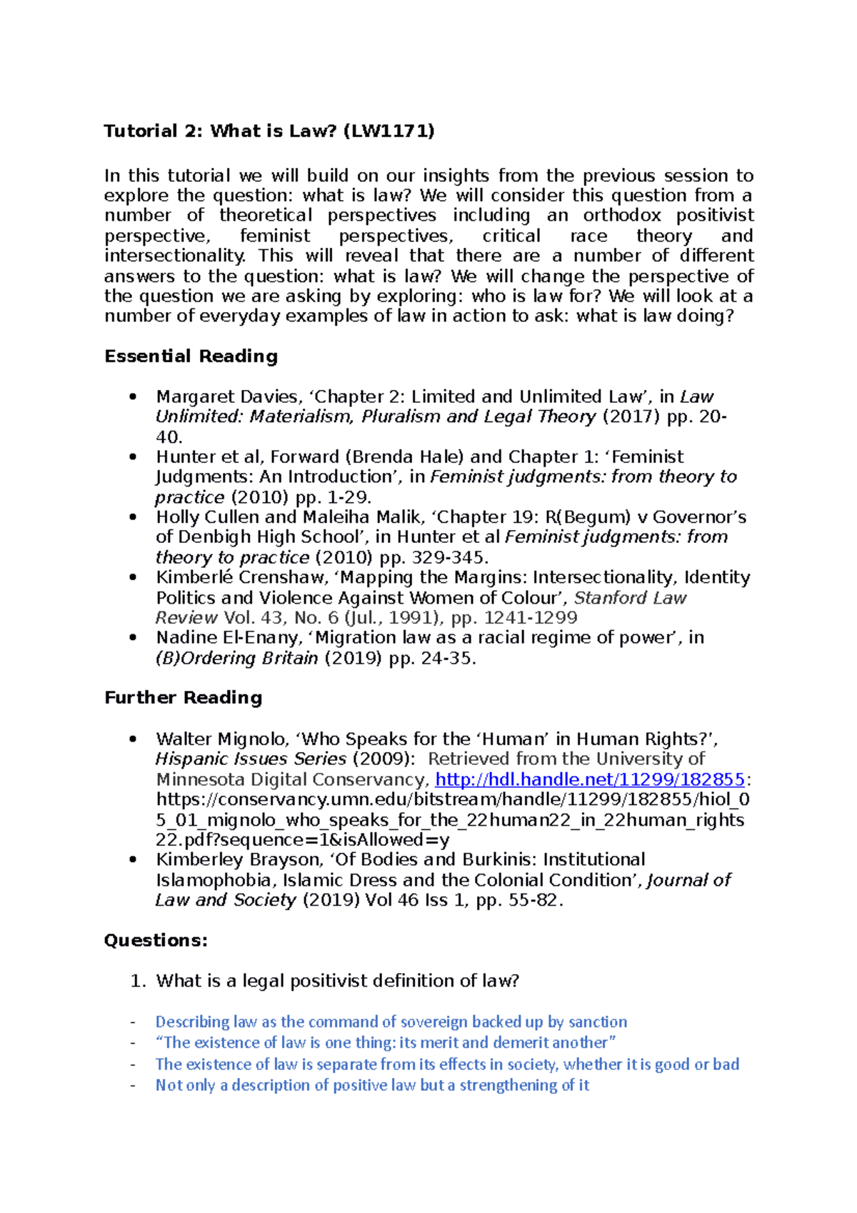 Tutorial 2 - What is Law - This will reveal that there are a number of ...
