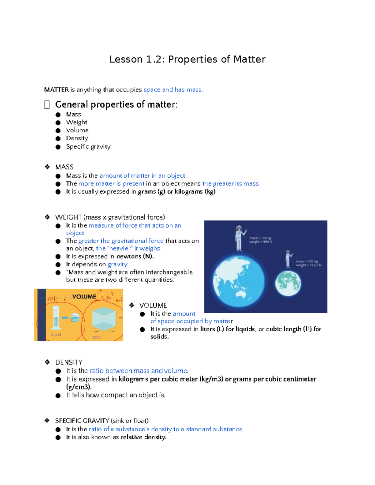 General chemistry notes lesson 1 - Lesson 1: Properties of Matter ...