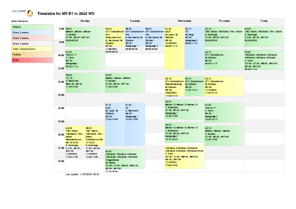 Timetable Hochschule Rosenheim MT B1 - R0. Mathe1, Mathe1, Mathe V. Sandor KT-B1, MT-B1, NPT-B ...