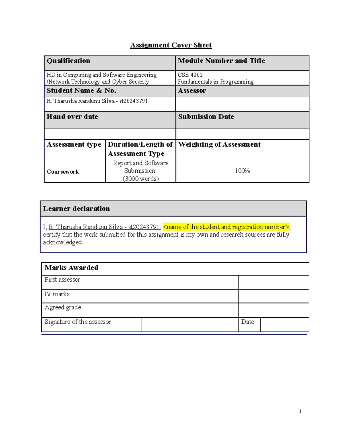 FP st20243791 - Computer related assignments. - Assignment Cover Sheet ...