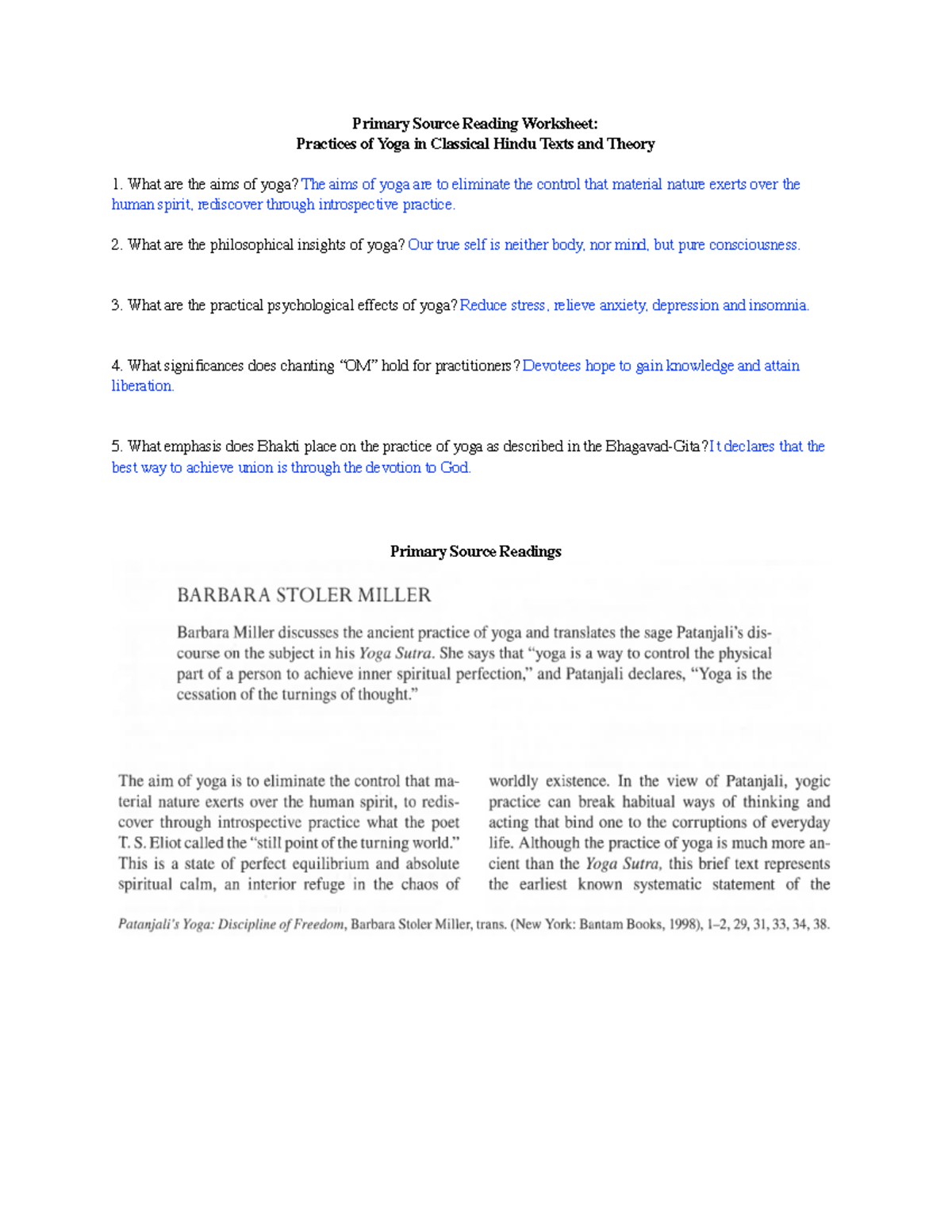 Primary Source Reading Worksheet ( Online) on Yoga - Primary Source ...