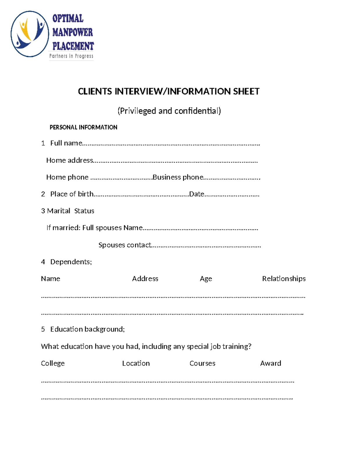 Candidate Interview Form - CLIENTS INTERVIEW/INFORMATION SHEET ...