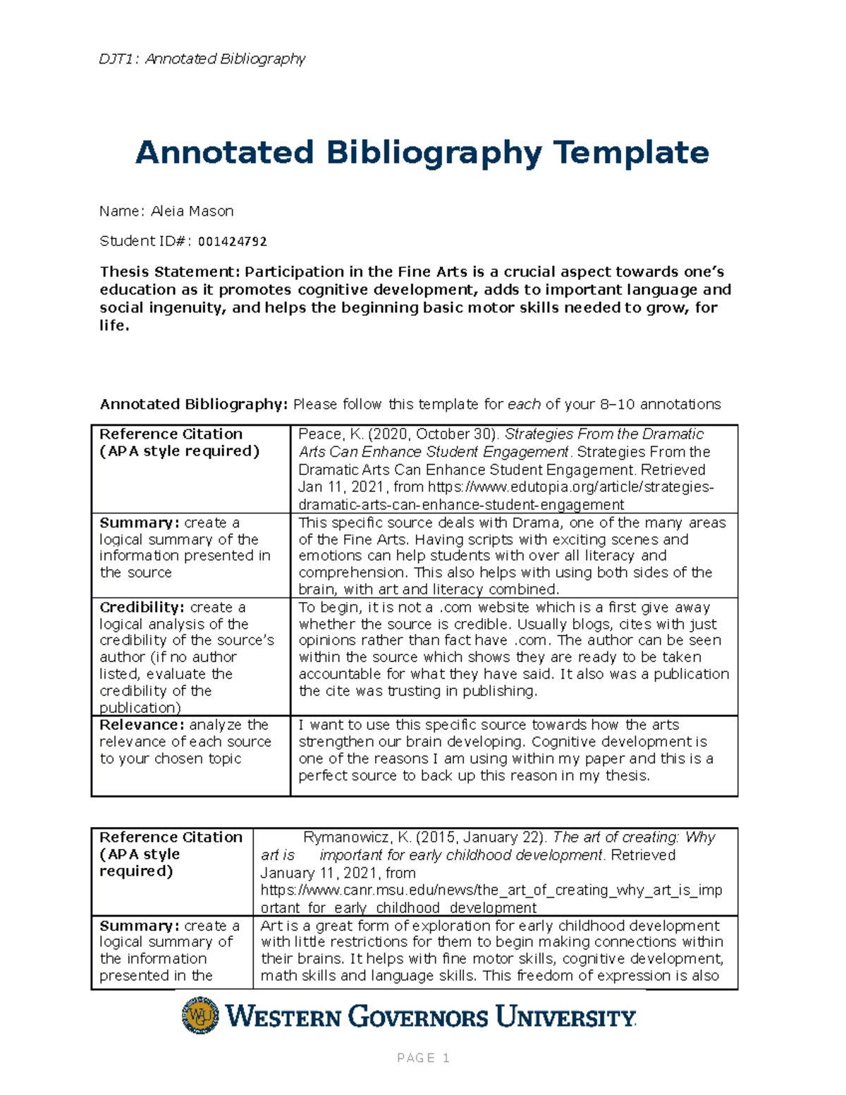 Annotated Bibliography Template - Annotated Bibliography: Please follow ...