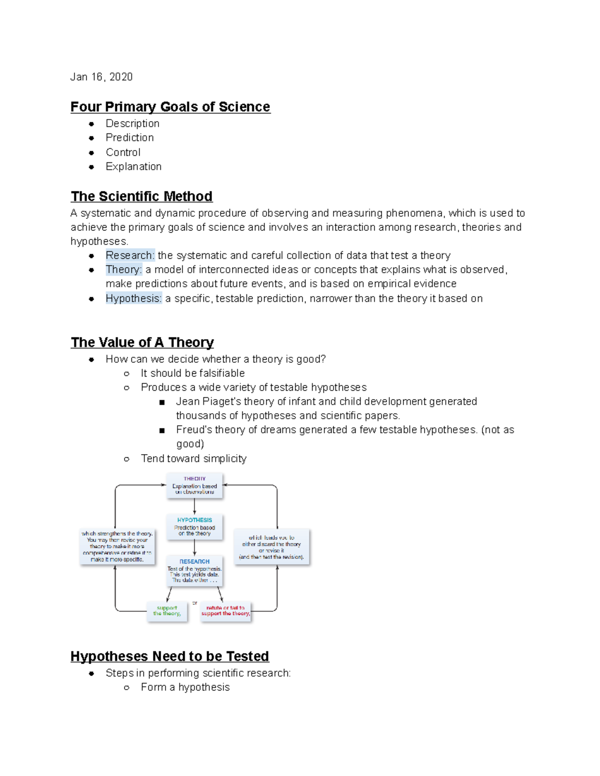 Chapter 2 Lecture Notes - Jan 16, 2020 Four Primary Goals of Science ...