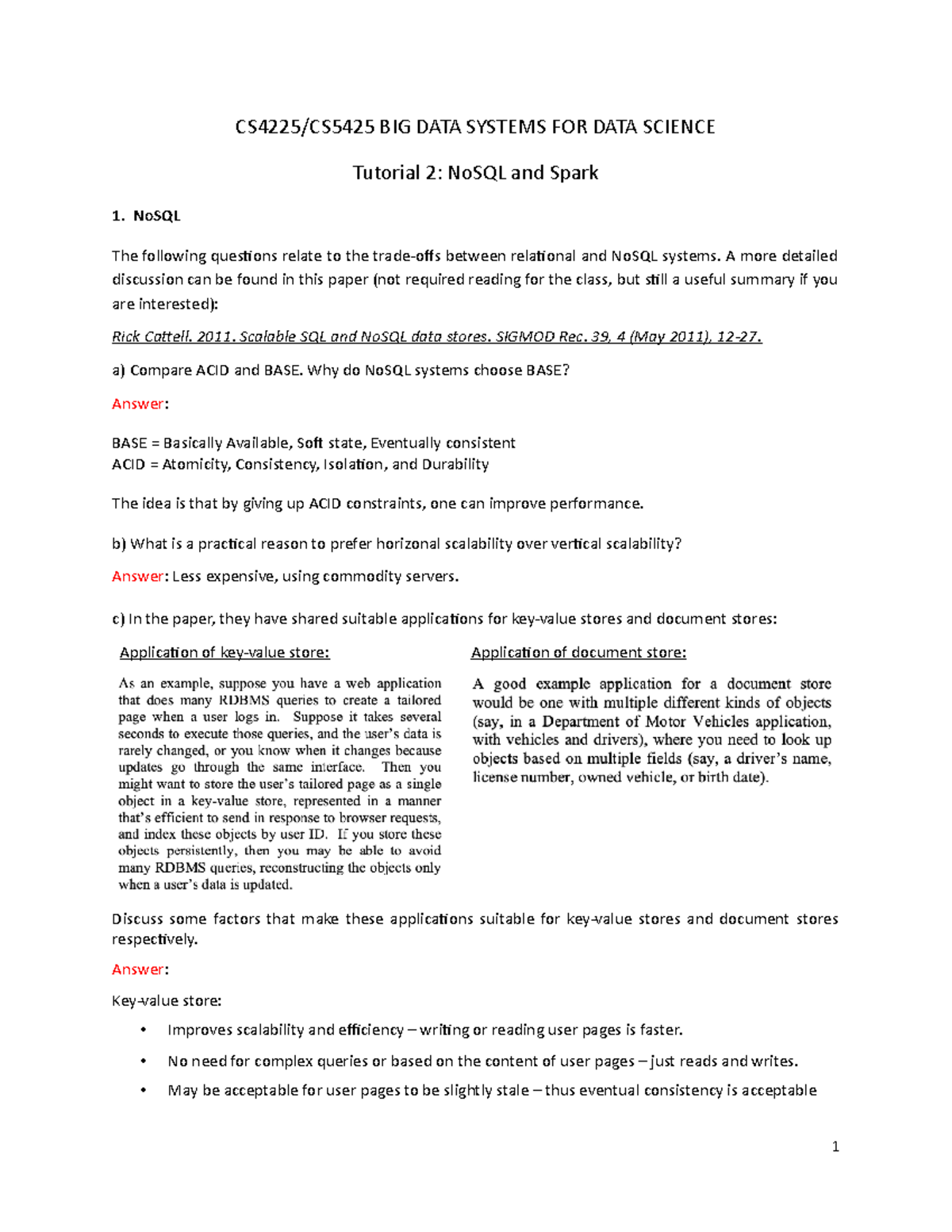 CS4225 tutorial 2 ans - CS4225/CS5425 BIG DATA SYSTEMS FOR DATA SCIENCE Tutorial 2: NoSQL and ...