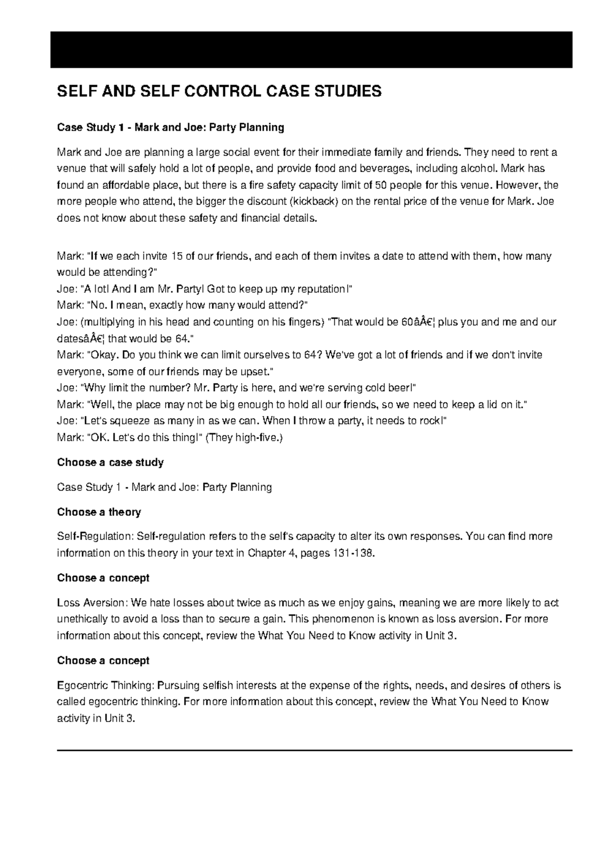 PSYC3520-Selfand Self Control Case Studies - SELF AND SELF CONTROL CASE STUDIES Case Study 1 ...