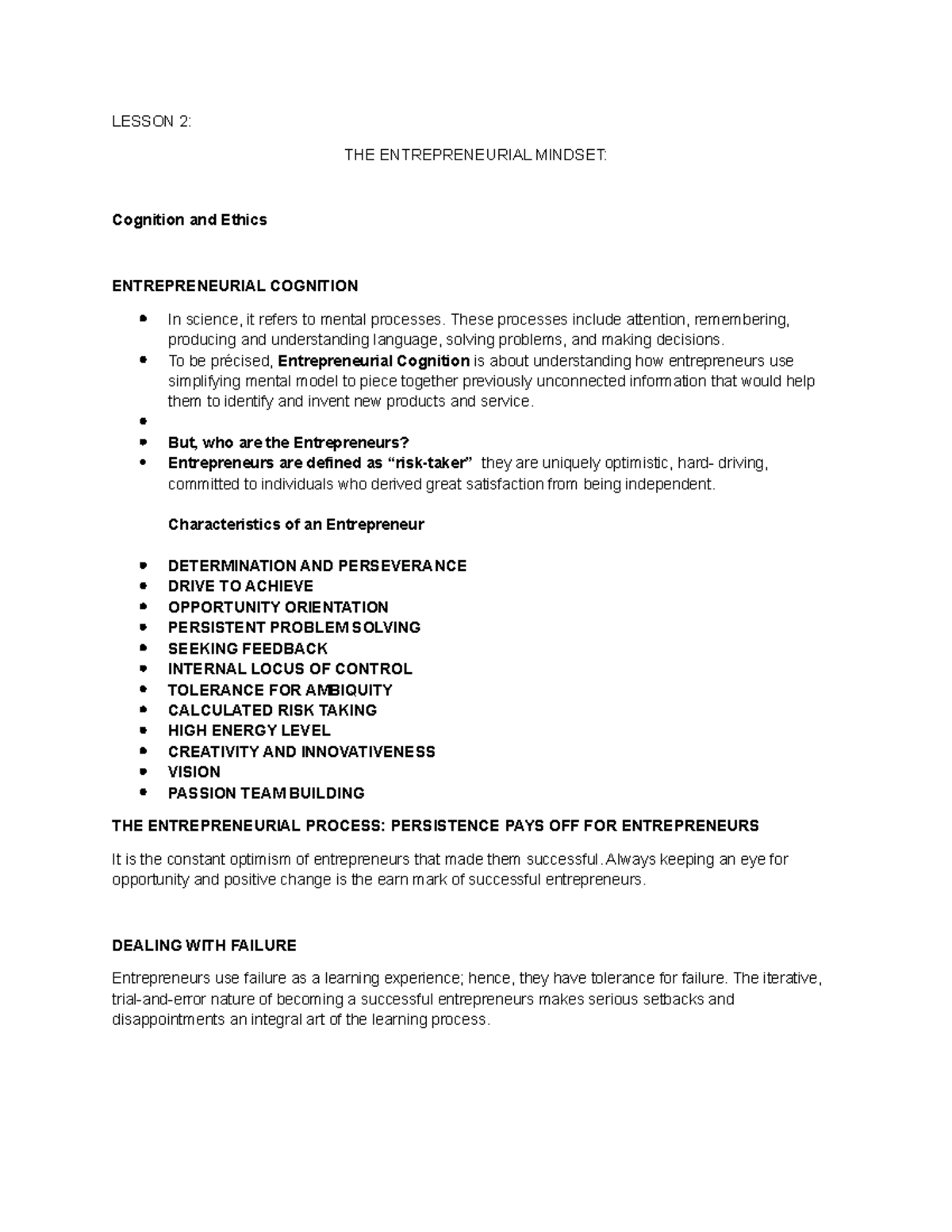 Lesson 2 entrep - Hshs - LESSON 2: THE ENTREPRENEURIAL MINDSET ...
