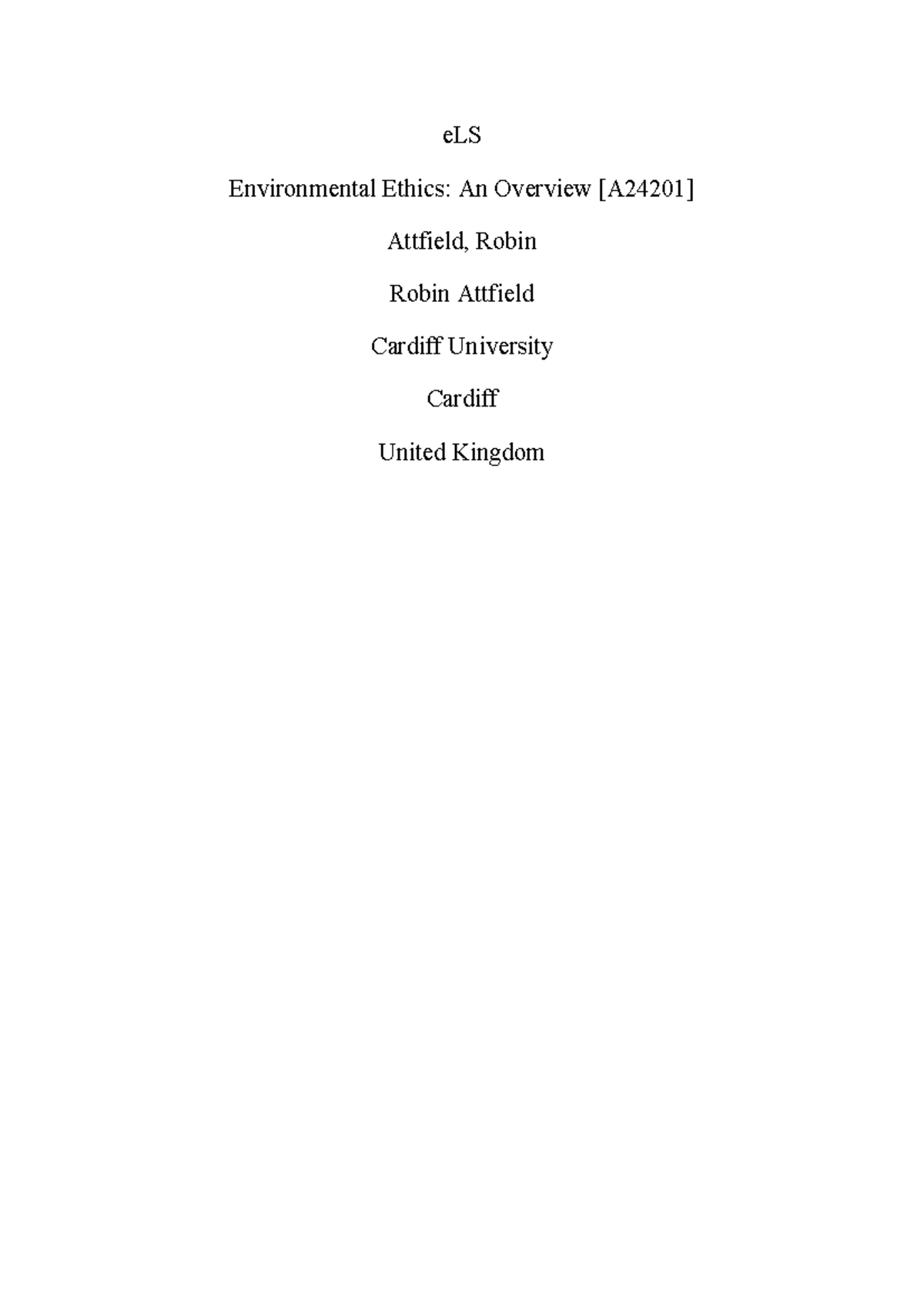 Environmental Ethicse LS - eLS Environmental Ethics: An Overview ...