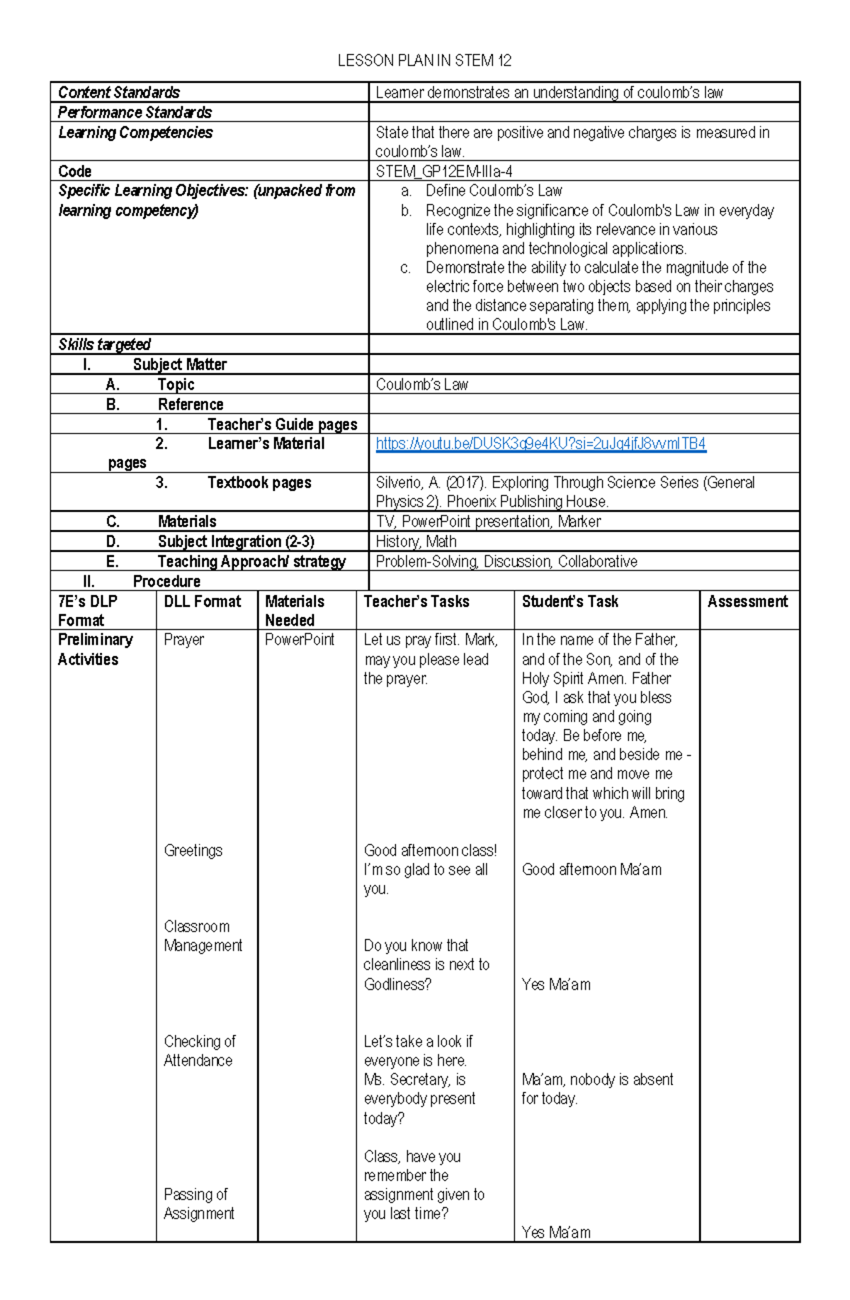 Coulomb'S LAW LP 2 - lesson plan - LESSON PLAN IN STEM 12 Content ...
