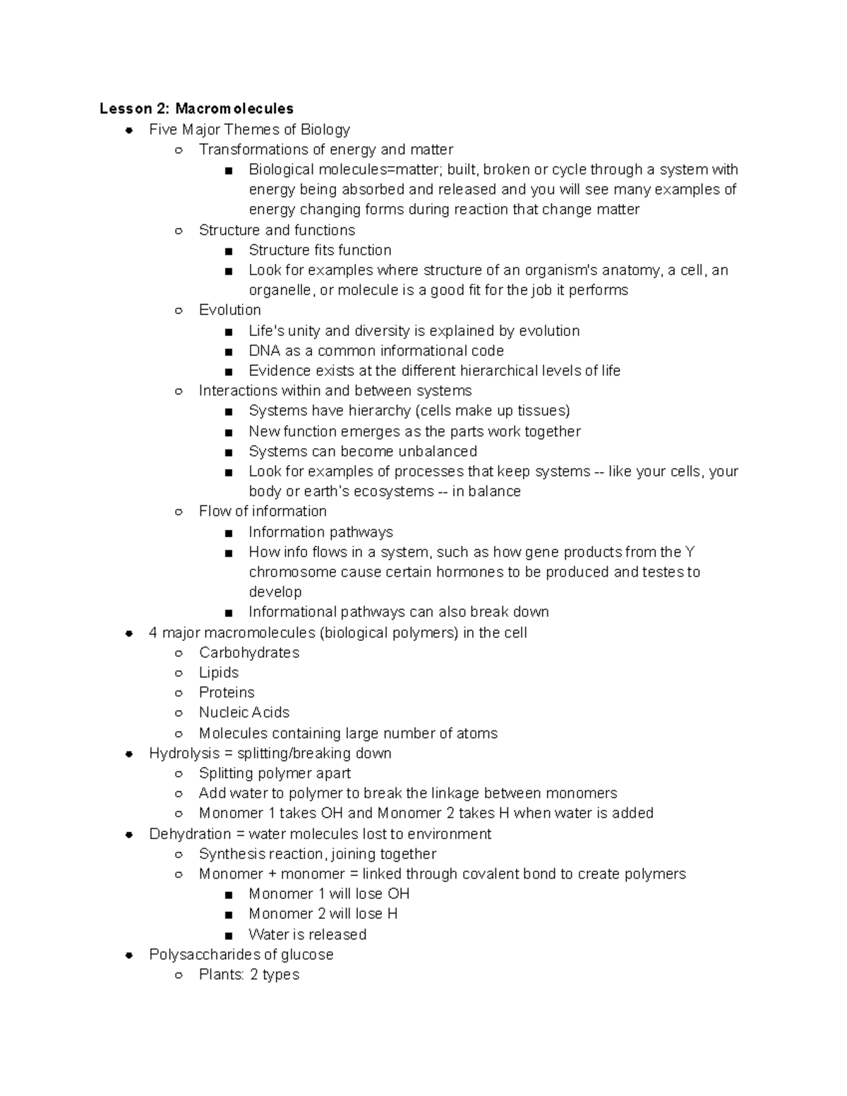 Lecture Notes Bio101 Pre Midterm 1 - Lesson 2: Macromolecules Five ...
