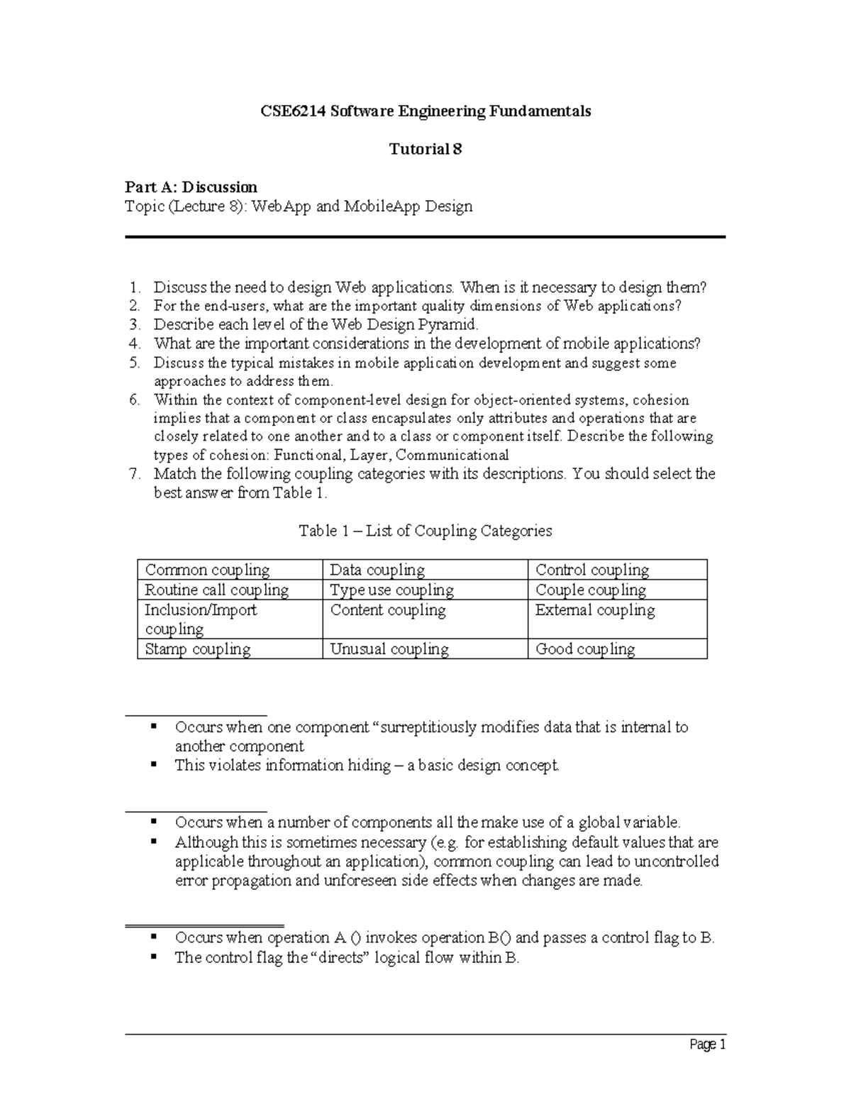 Tut08 - tut 08 - CSE6214 Software Engineering Fundamentals Tutorial 8 Part A: Discussion Topic ...