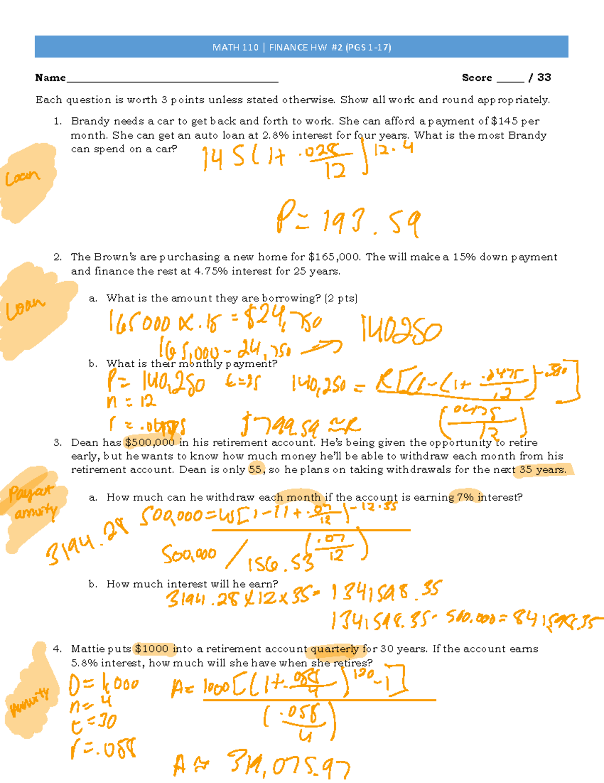 Finance HW 2 - MATH 110 | FINANCE HW #2 (PGS 1-17) Name