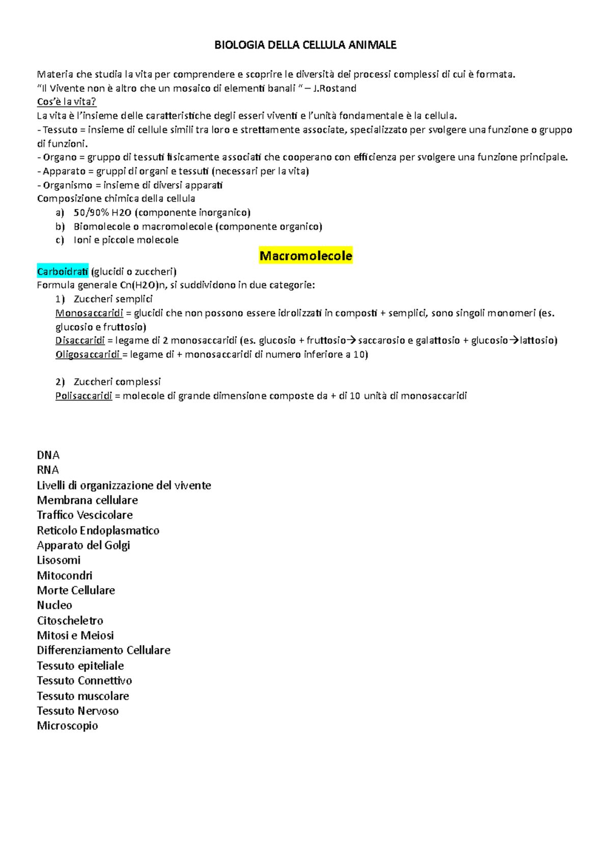 Biologia Della Cellula Animale - BIOLOGIA DELLA CELLULA ANIMALE Materia ...