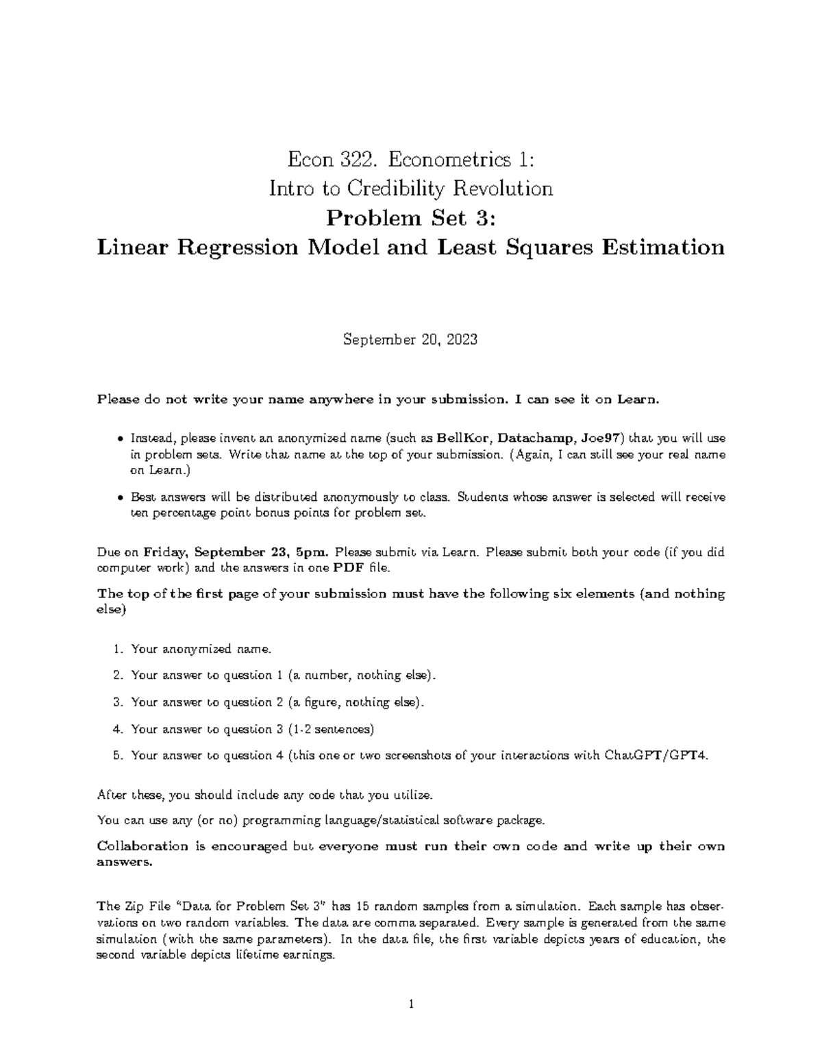 322 F2023 Problem Set 3 v1 - Econ 322. Econometrics 1: Intro to Credibility Revolution Problem ...