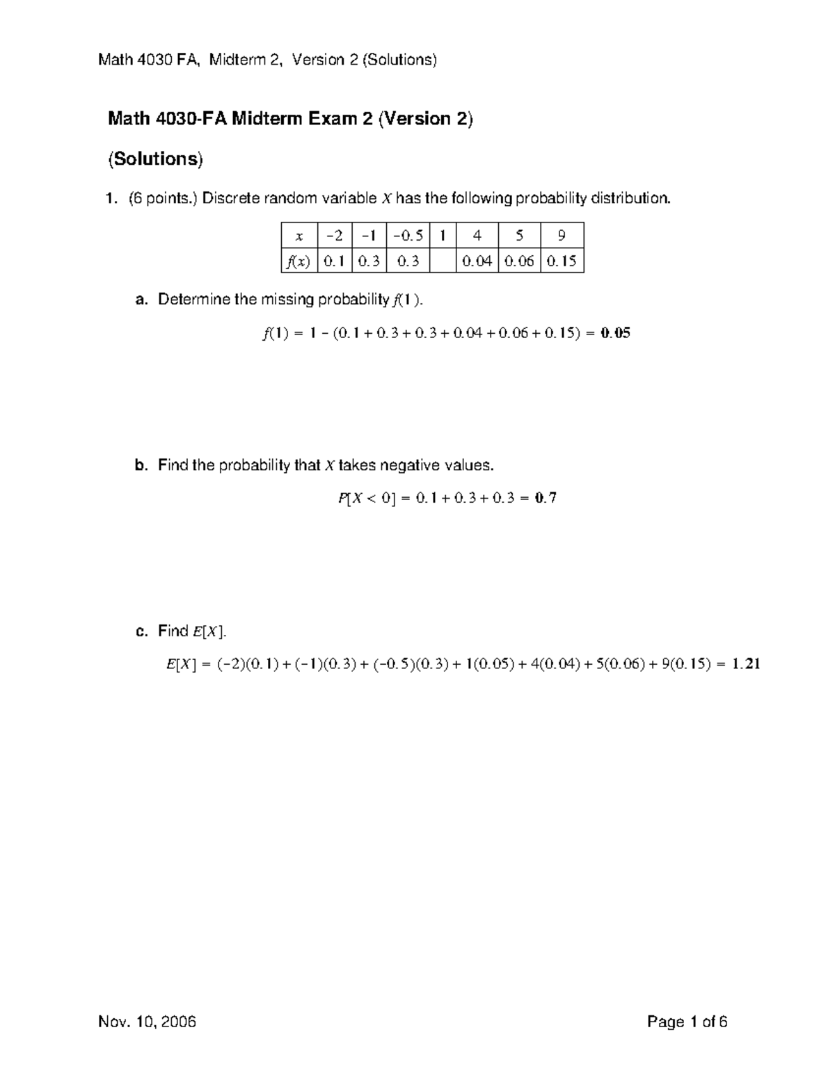 Midterm 2015, questions and answers - Math 4030 FA, Midterm 2, Version 2 (Solutions) Math 4030 ...