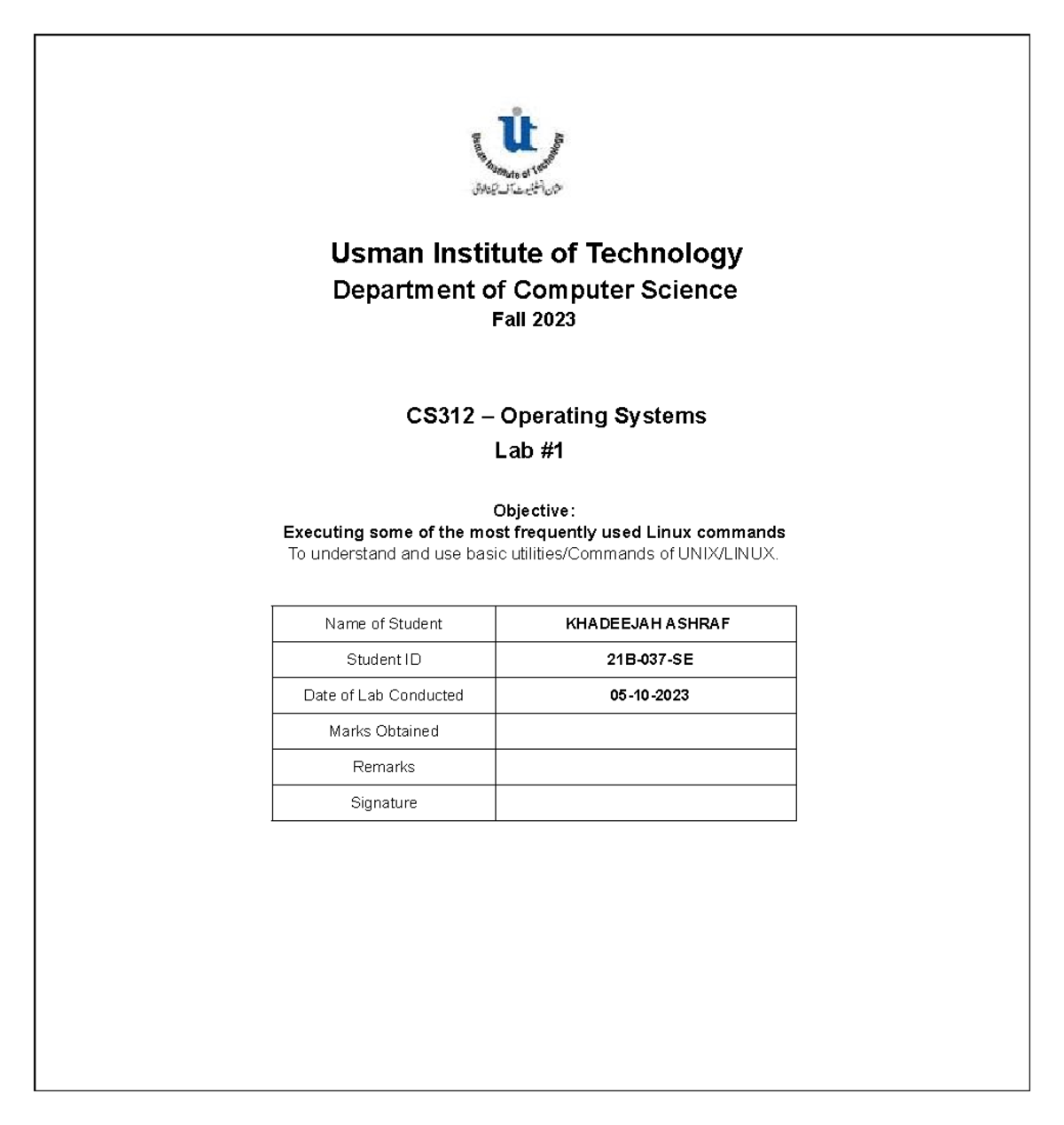 Cs312 Operating Systems Lab 1 Usman Institute Of Technology Department Of Computer Science