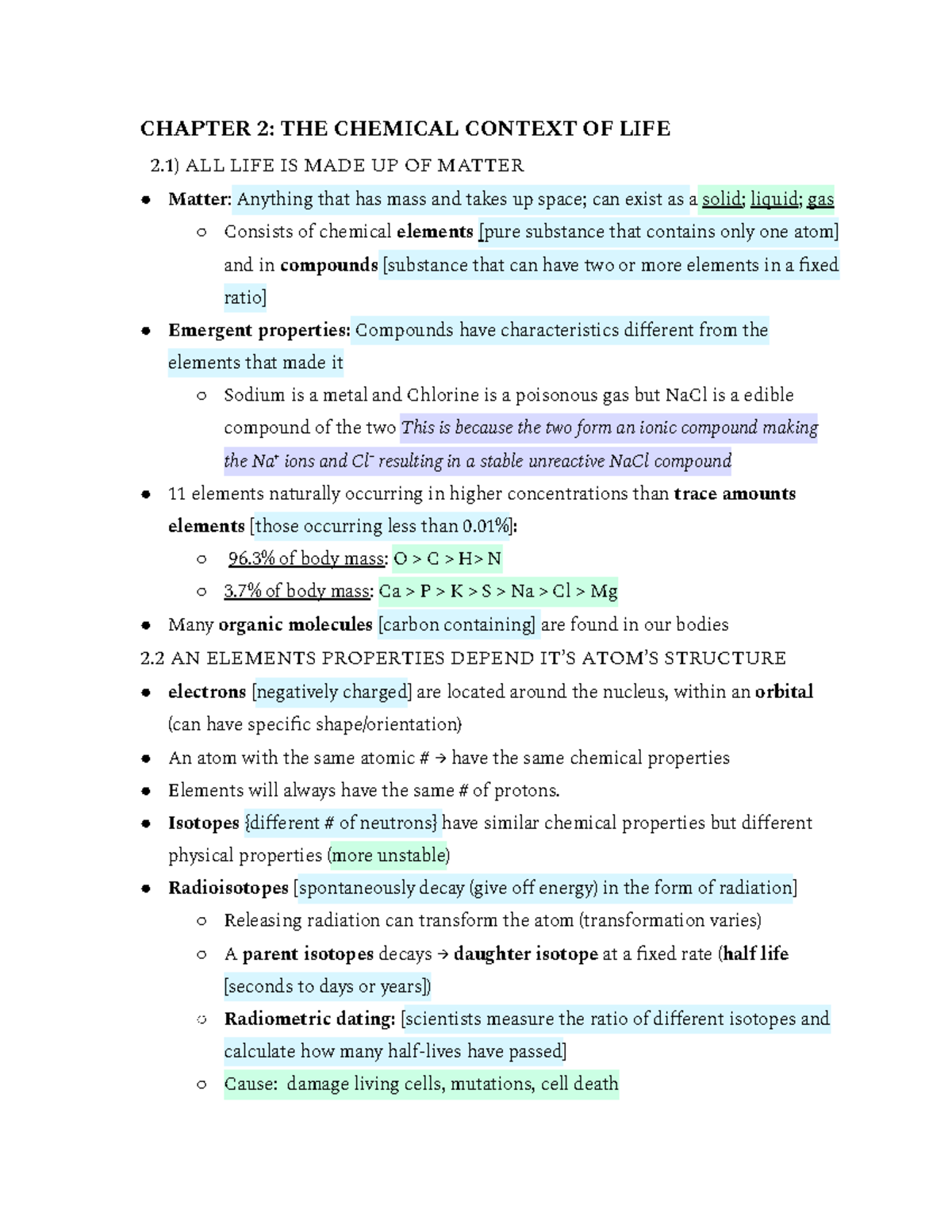 Biology Notes ch 2 - CHAPTER 2: THE CHEMICAL CONTEXT OF LIFE 2) ALL ...