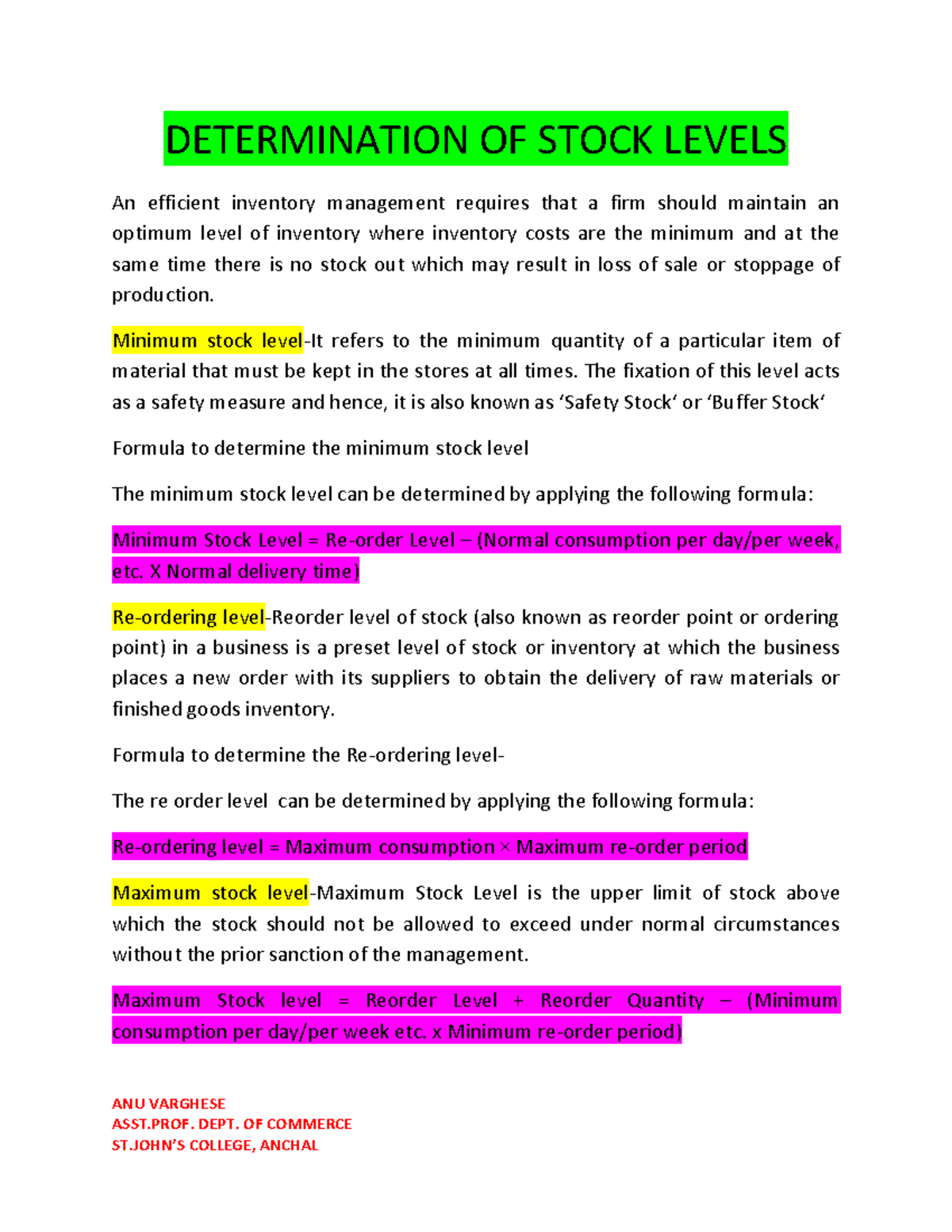 Economic order quantity - ANU VARGHESE ASST. DEPT. OF COMMERCE DETERMINATION OF STOCK LEVELS An ...