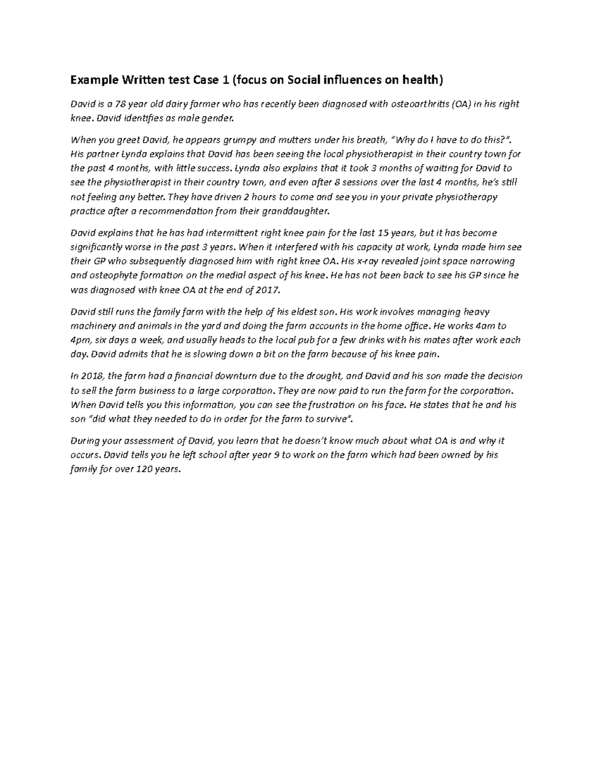 Written test Example Case 1 - REHB 2047 - UniSA - Studocu