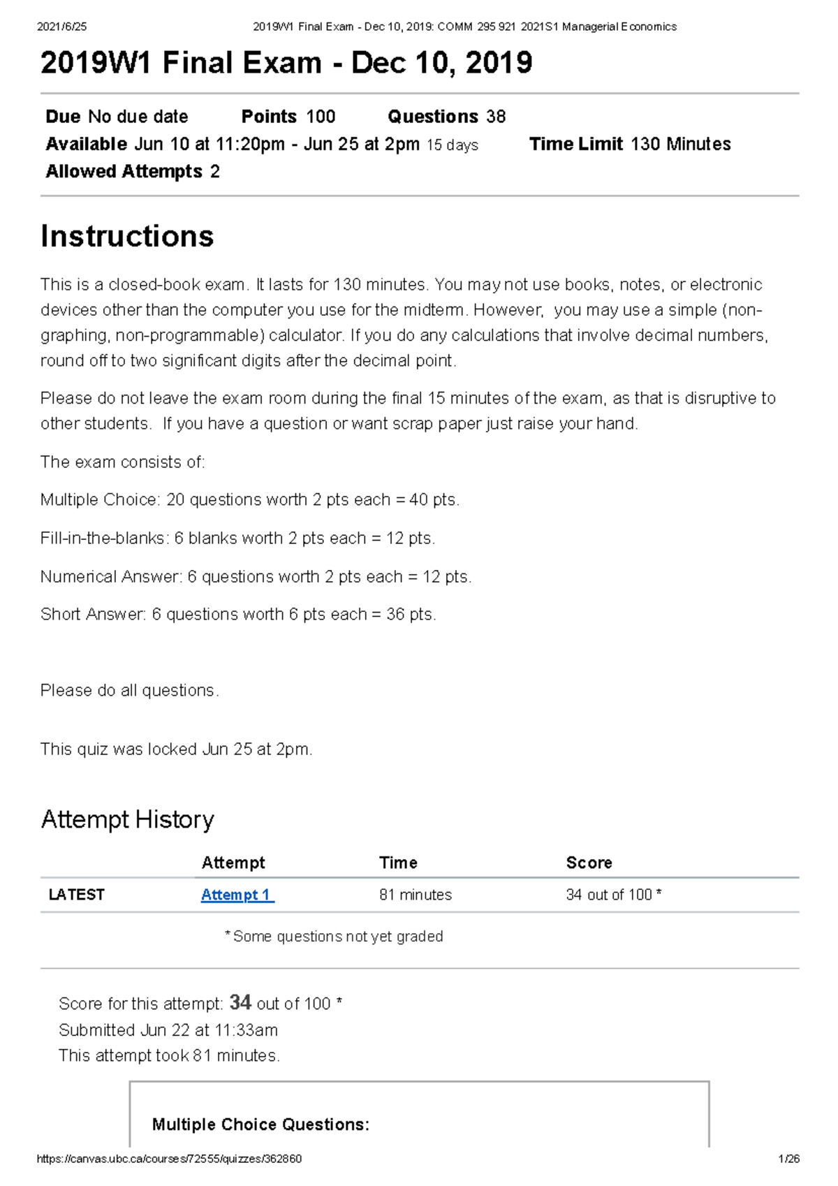 2019 W1 Final Exam - Dec 10, 2019 COMM 295 921 2021S1 Managerial ...