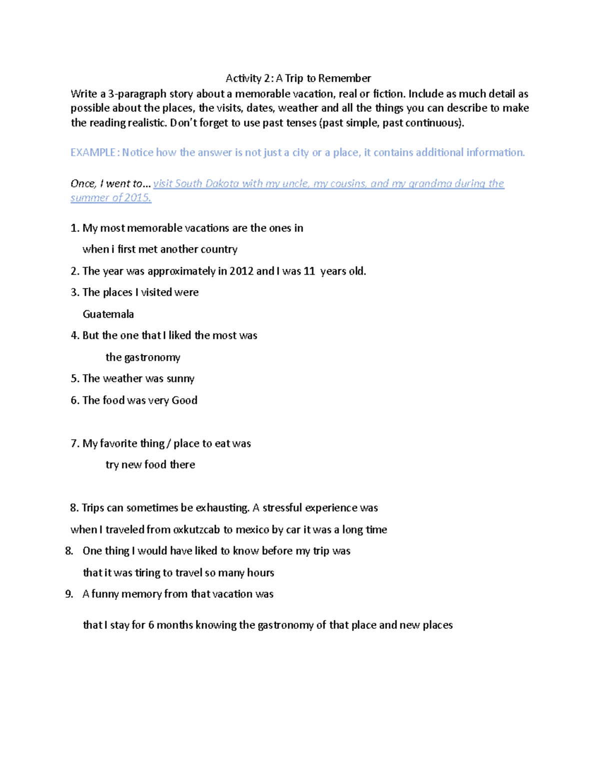 Act 2 Ingles - Tarea 100 calif - Activity 2: A Trip to Remember Write a ...