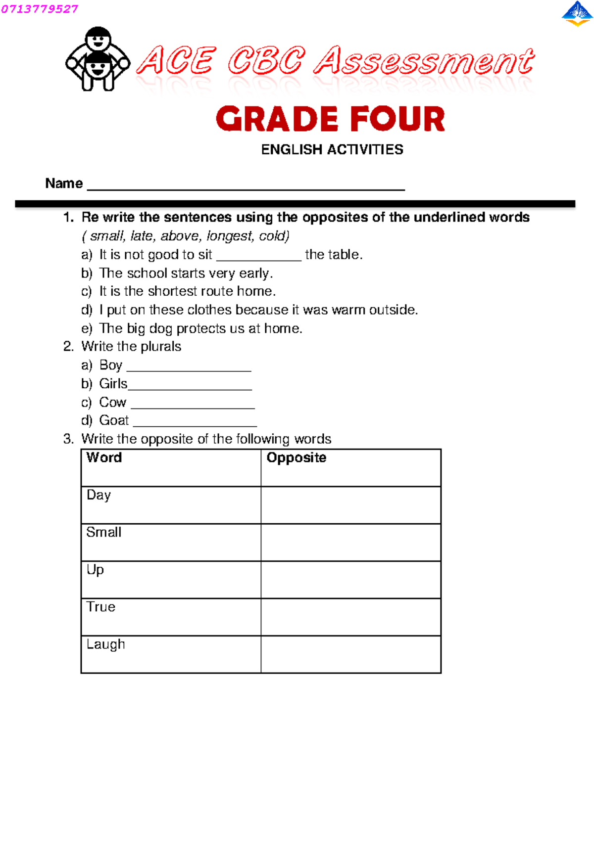 English Grade 4 - For study - ENGLISH ACTIVITIES Name