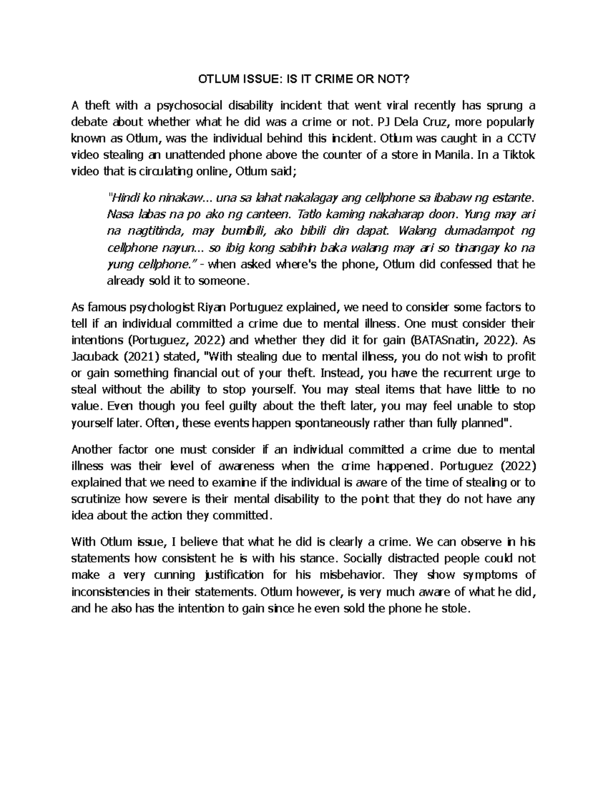 Otlum Issue - OTLUM ISSUE: IS IT CRIME OR NOT? A theft with a ...