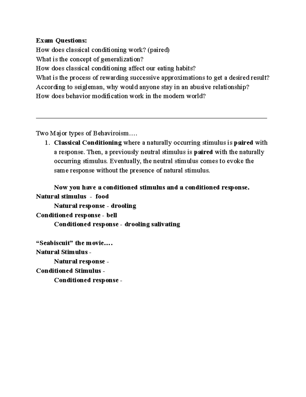 3 20 Lecture Notes Behaviorism - Exam Questions: How does classical ...