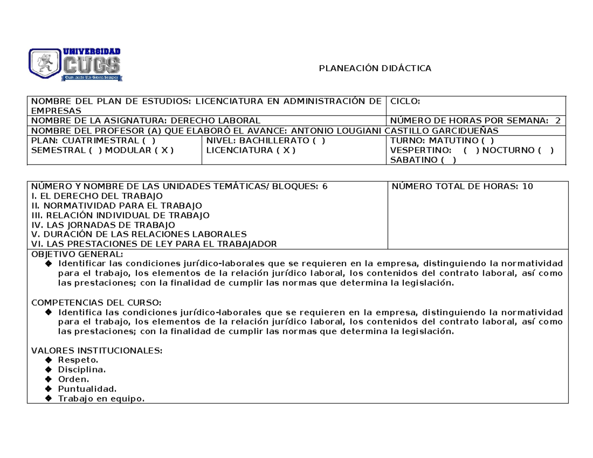 Planeación Didáctica Derecho Laboral - PLANEACIÓN DIDÁCTICA NOMBRE DEL ...