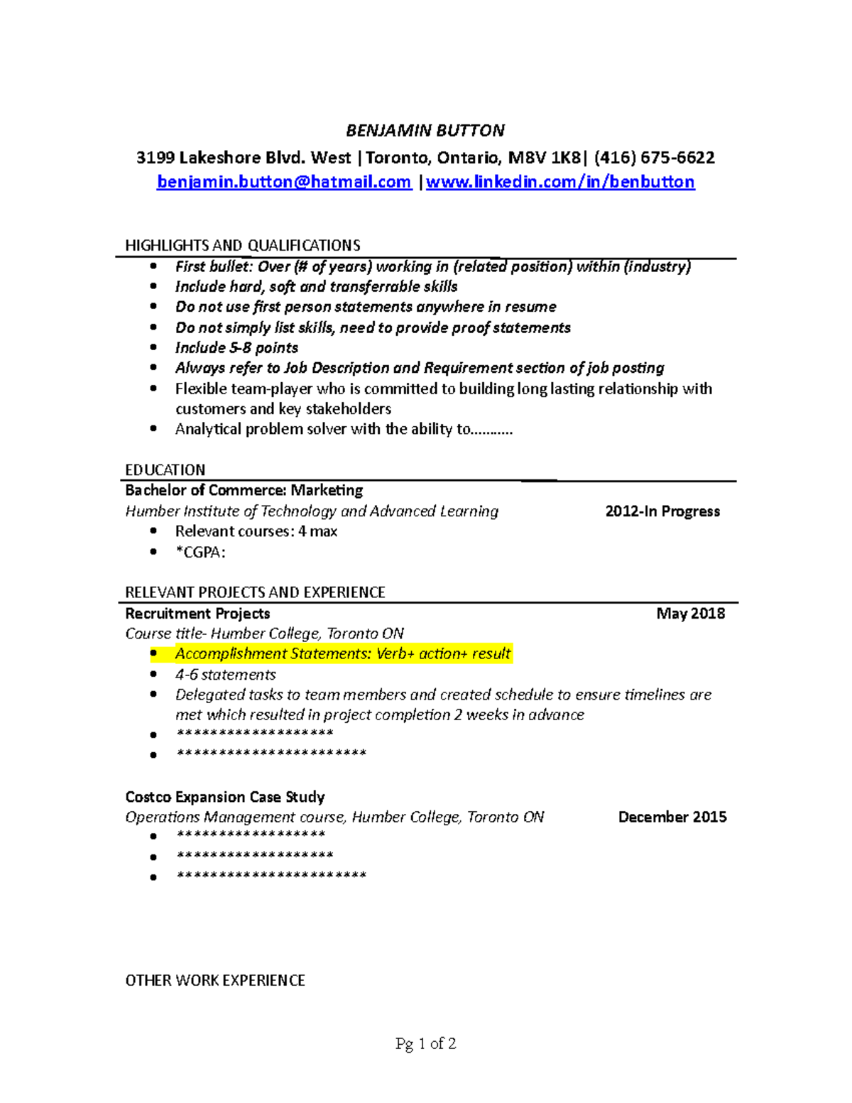 Reverse Chronological Resume - BENJAMIN BUTTON 3199 Lakeshore Blvd ...
