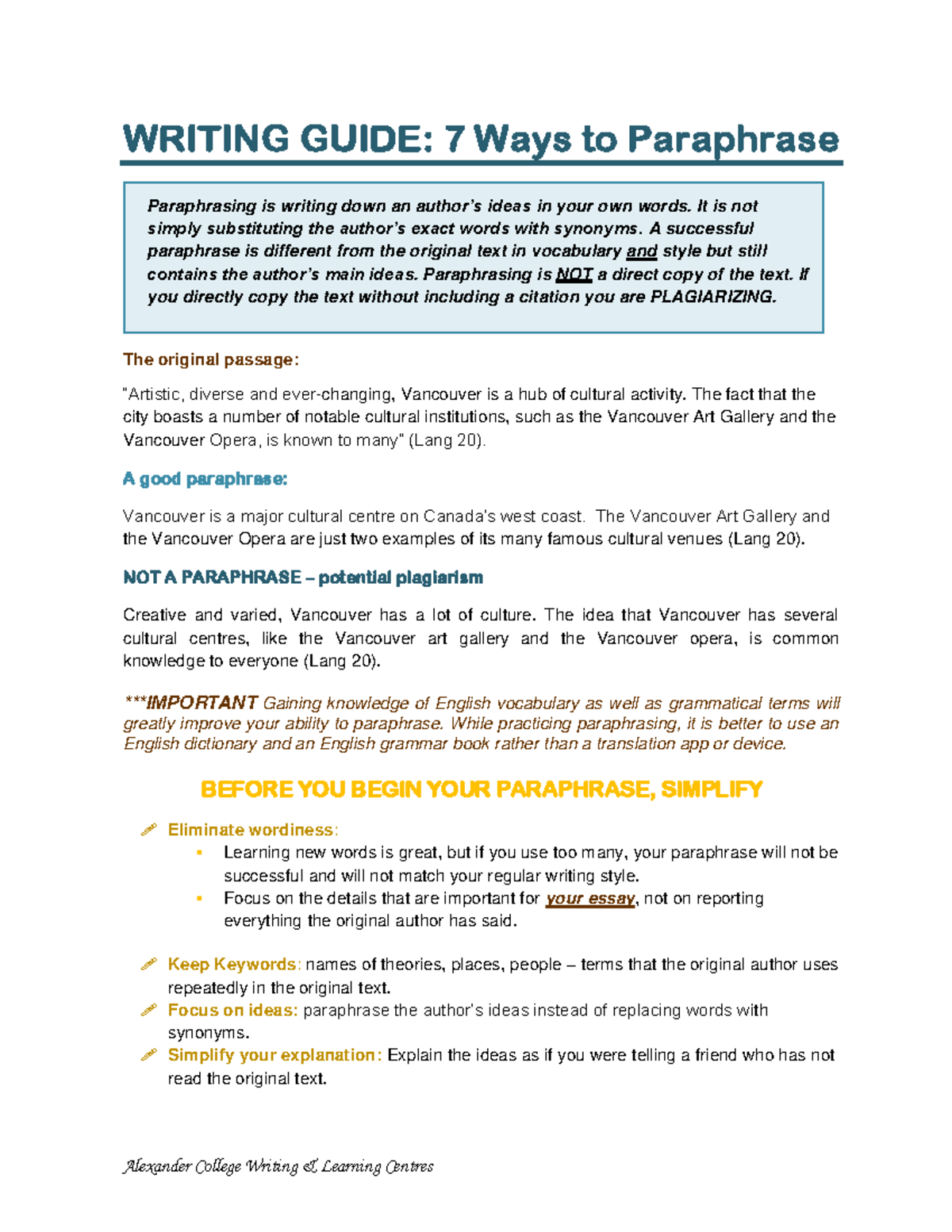 Writing Guide 7 Ways to Paraphrase - WRITING GUIDE: 7 Ways to ...