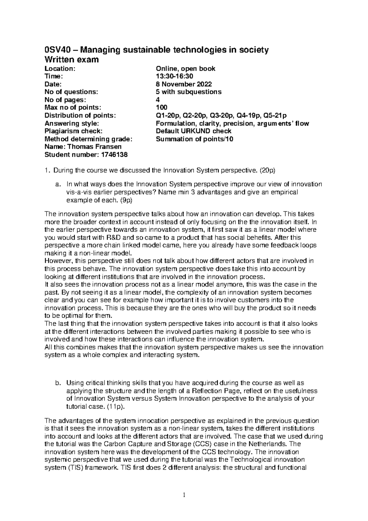 0SV40 exam 2022- Thomas Fransen - 0SV40 – Managing sustainable ...