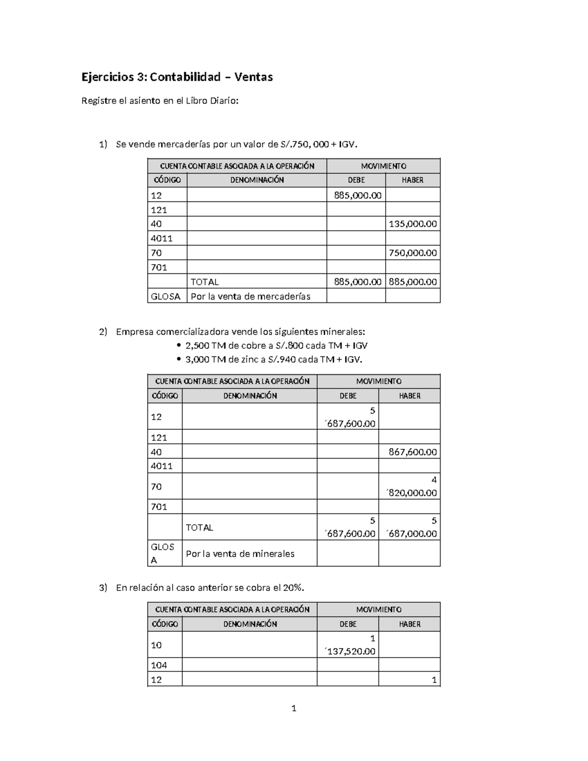 Ejercicios 5 - Ventas mercaderias - Ejercicios 3: Contabilidad – Ventas Registre el asiento en ...