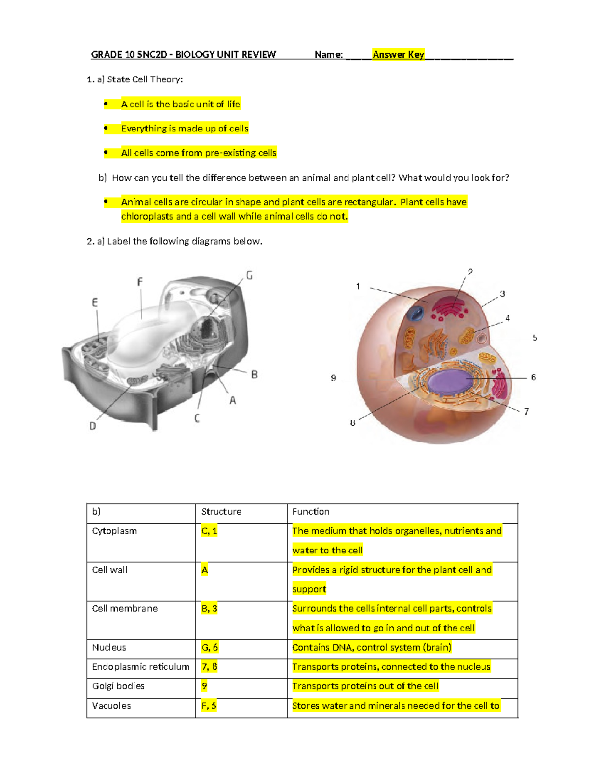 Review for test - biology-answer key - GRADE 10 SNC2D - BIOLOGY UNIT ...