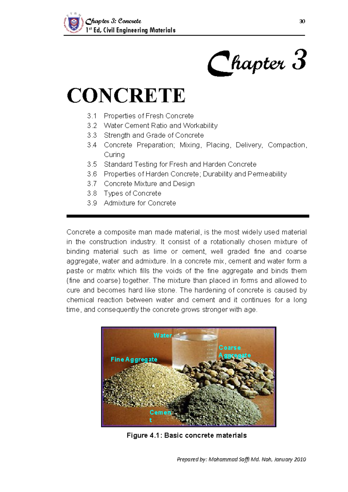Concrete chapter 3 - 123123 - 1 st Ed, Civil Engineering Materials Chapter 3 CONCRETE 3 ...