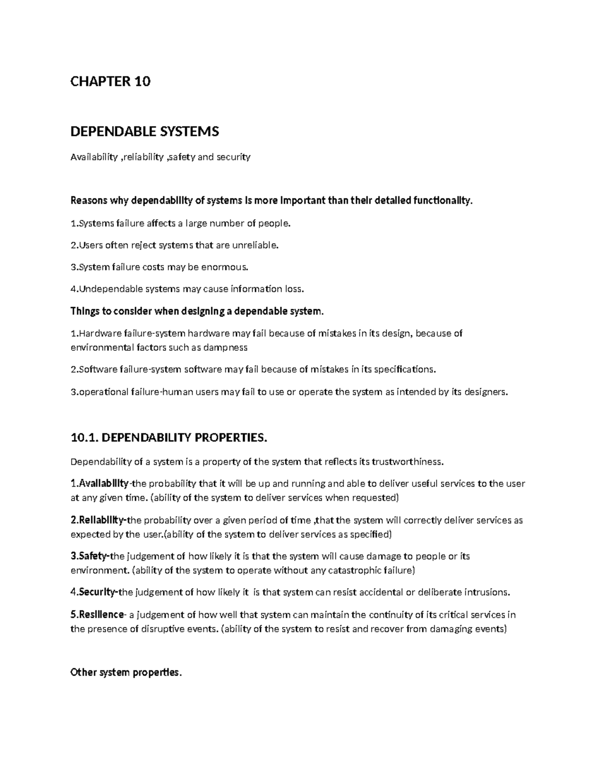 software engineering - CHAPTER 10 DEPENDABLE SYSTEMS Availability ,reliability ,safety and ...