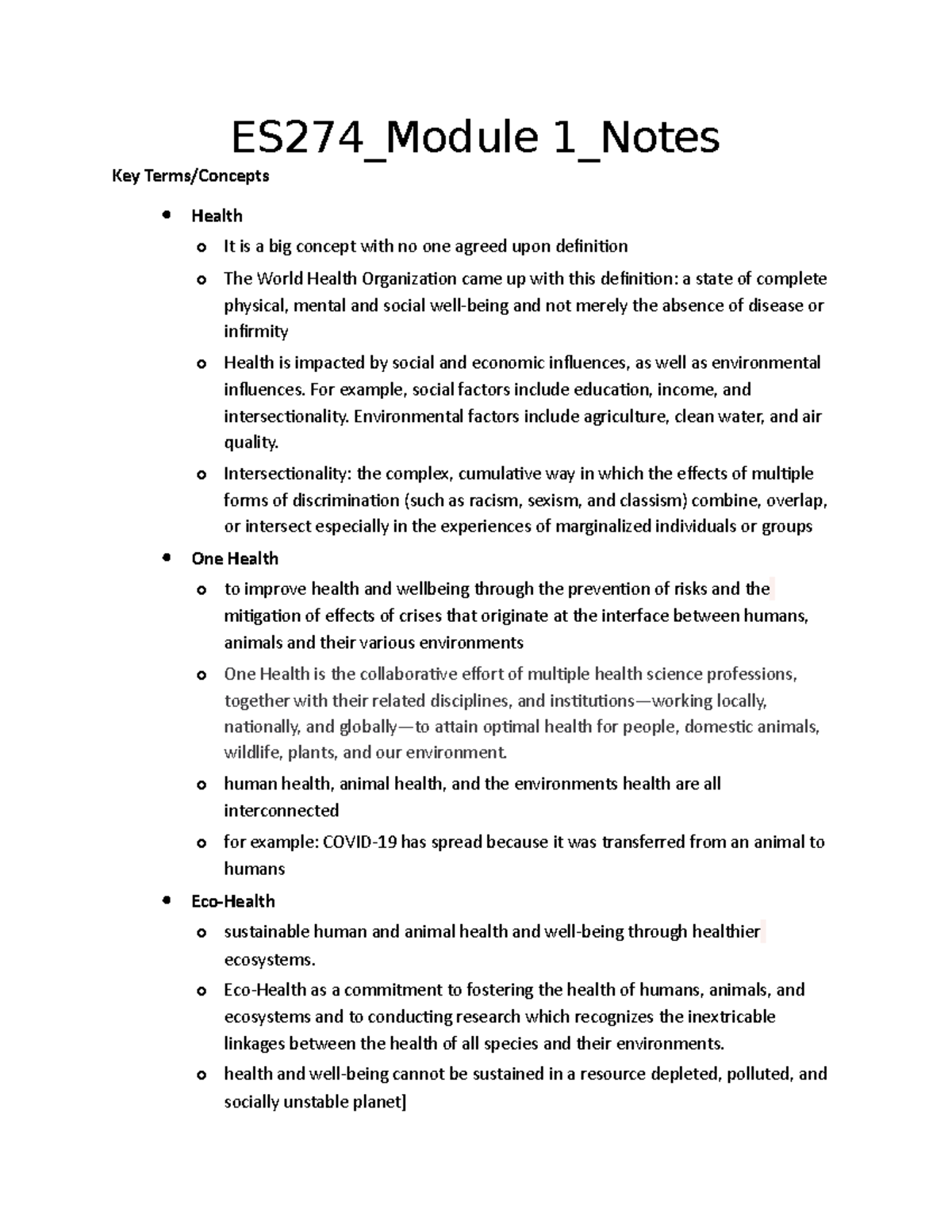 ES274 Module 1 Notes - ES274_Module 1_Notes Key Terms/Concepts Health o ...