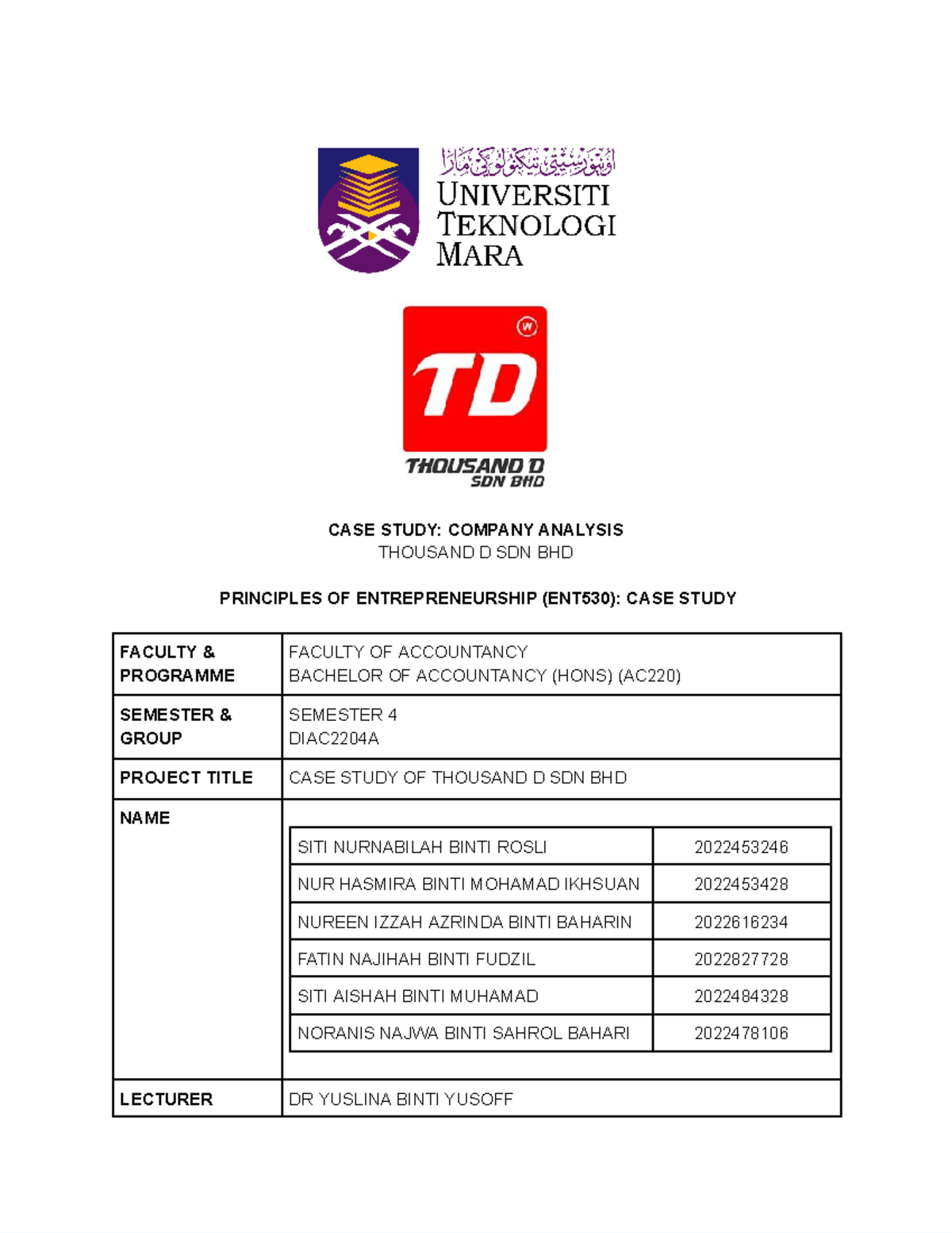 ENT530 CASE Study - CASE STUDY: COMPANY ANALYSIS THOUSAND D SDN BHD ...